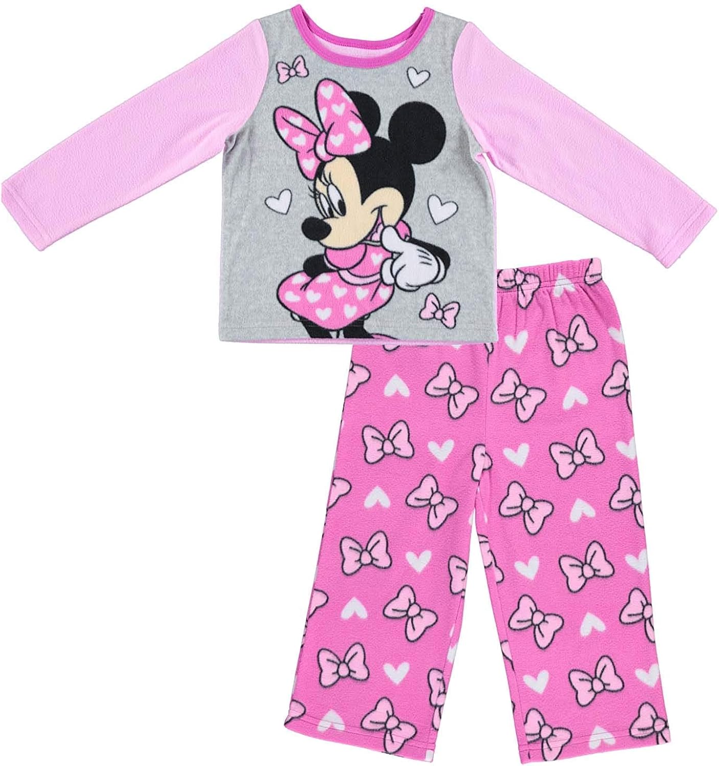 Disney Girls' Toddler Minnie Mouse 2-Piece Fleece Pajama Set, Grey/Pink ...