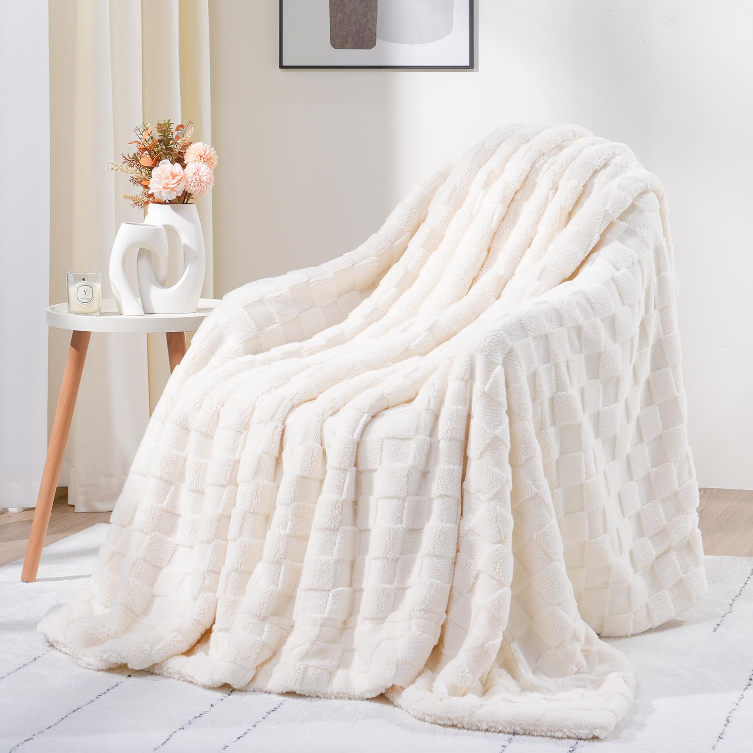 Lessymo Sherpa Throw Blanket for Couch, Jacquard Checkered Throw ...