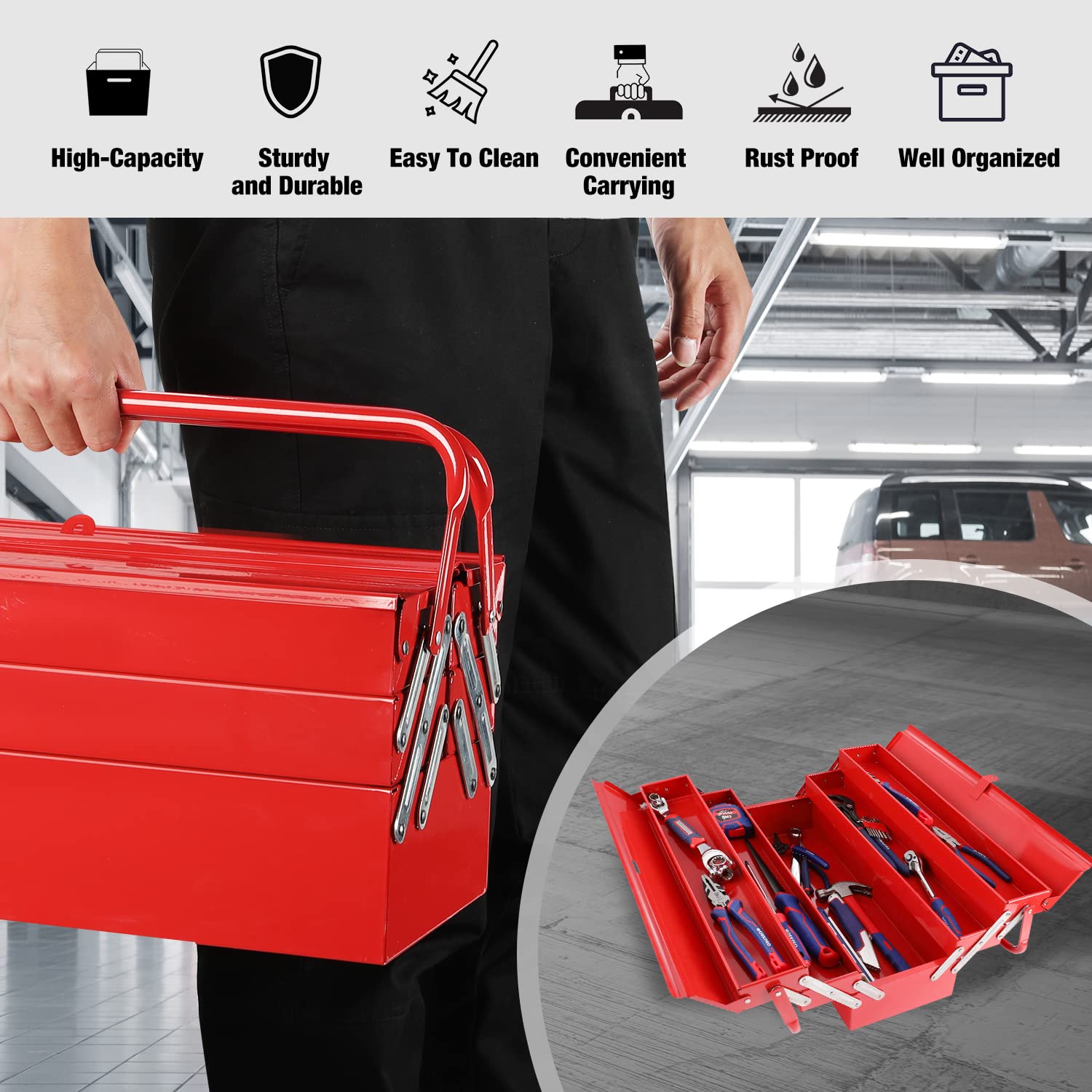 Mua WORKPRO Metal Tool Box, 18-inch Cantilever Folding Red Storage Box ...