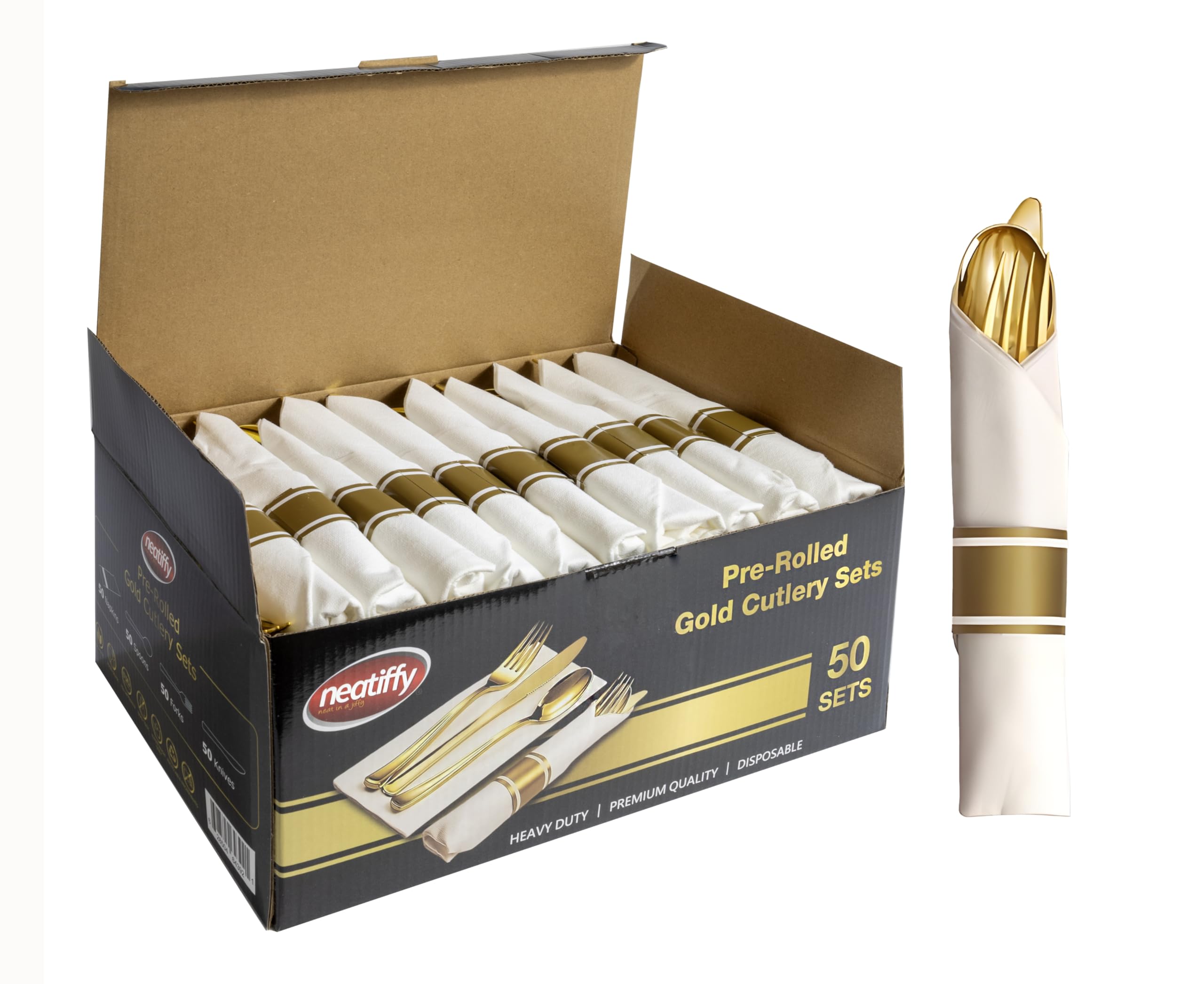 Neatiffy 50 Pack Disposable Gold Plastic Silverware Set, Pre Rolled ...