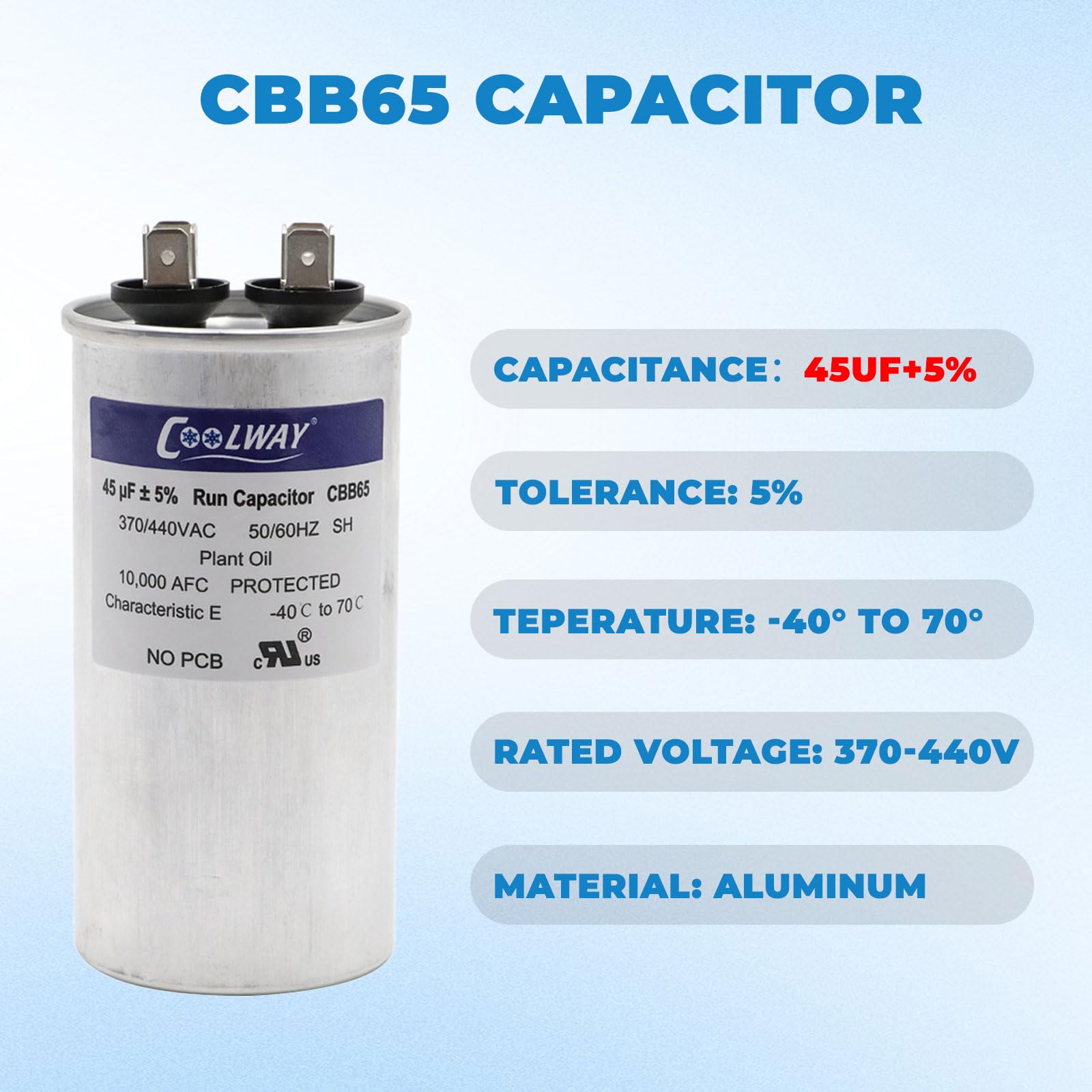 COOLWAY 45 UF 45 MFD 370V Or 440V Run Start Ac Capacitor For Ac CBB65r ...