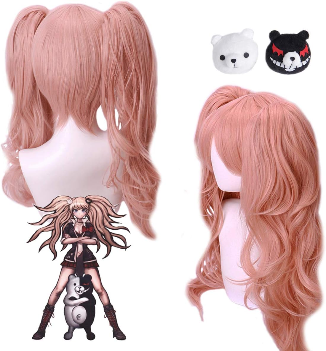 Anime Cosplay Enoshima Junko Wig Pink Curly Double Ponytail Wig With 1 ...