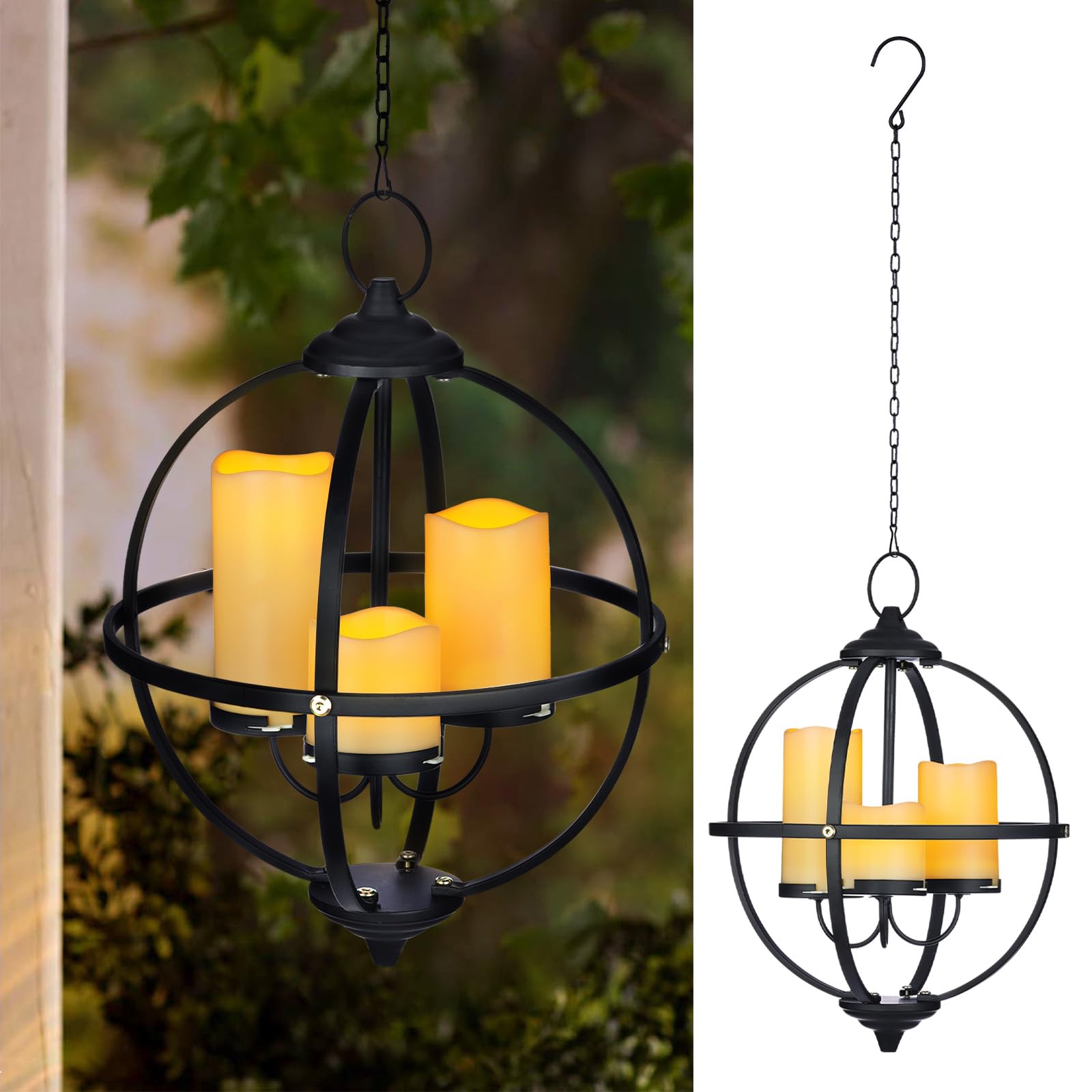Battery Operated Outdoor Candle Chandelier - Black Metal Globe Hanging ...