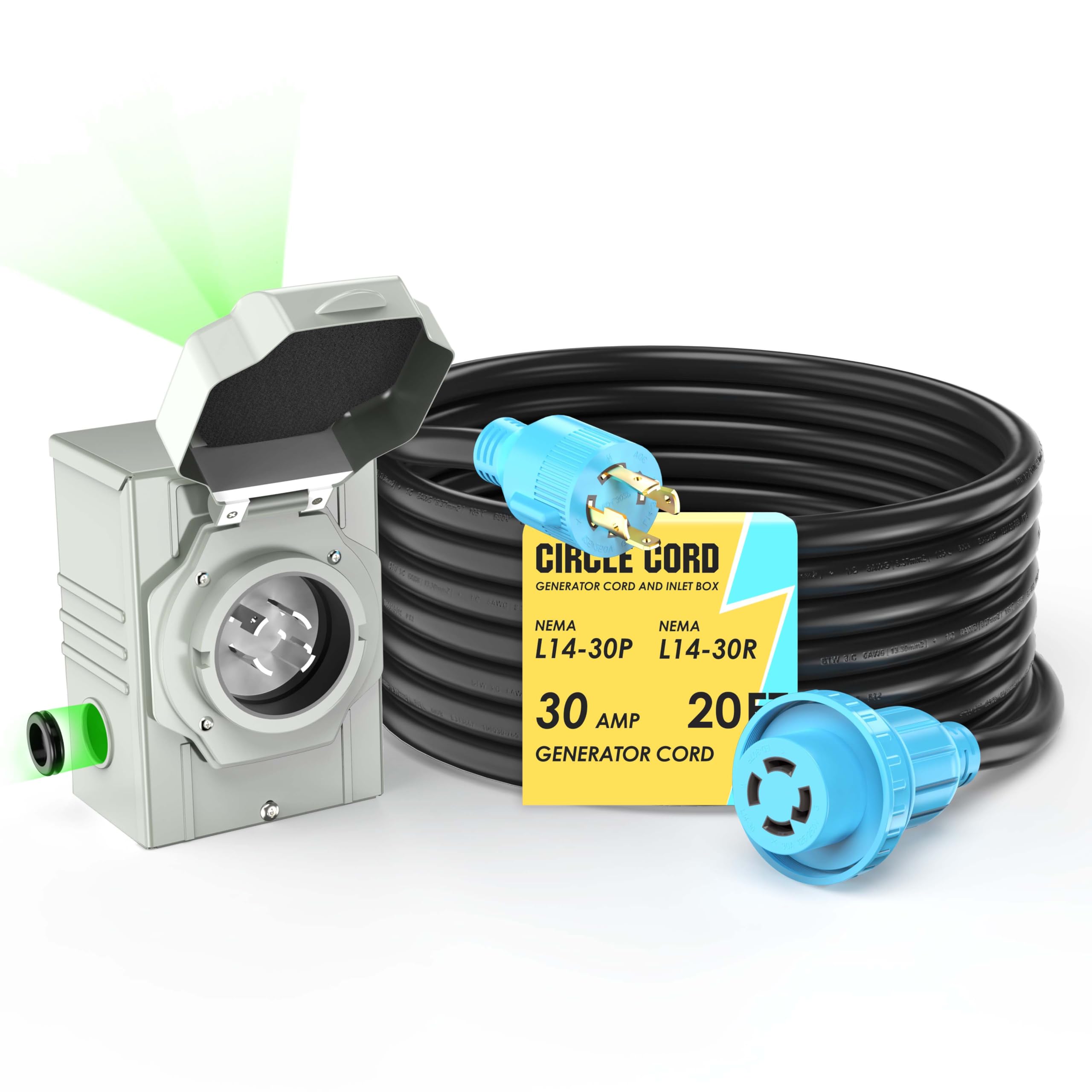 CircleCord 4 Prong 20 Feet 30 Amp Generator Extension Cord and Inlet ...