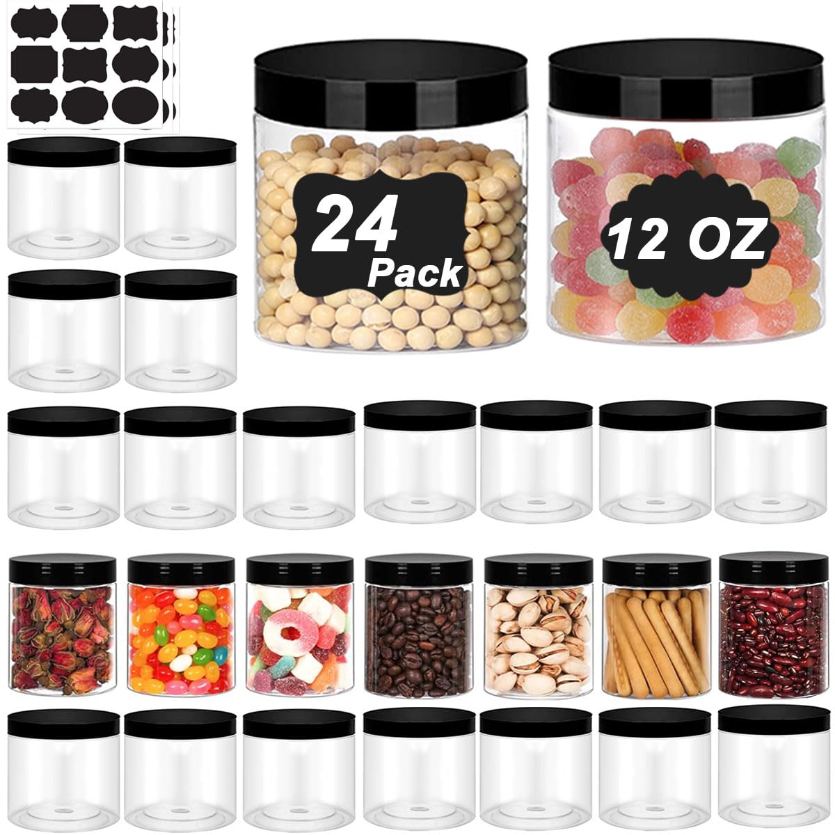 LOSYHU 24 Pack Plastic Jars With Lids 12 OZ PET Plastic Jars Round ...