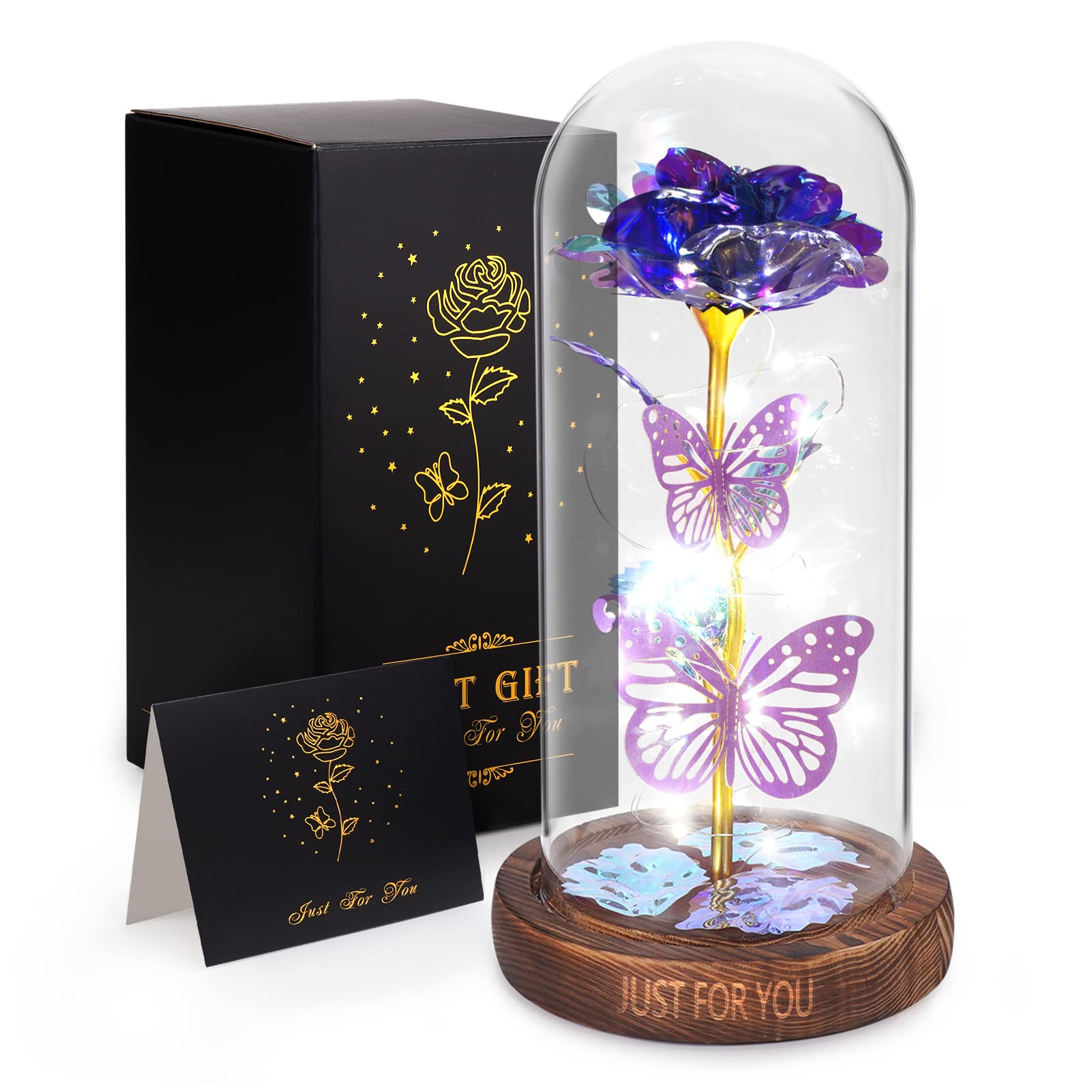 WOKEISE Light Up Rose Butterfly in Glass Dome,Birthday Gifts for Women ...