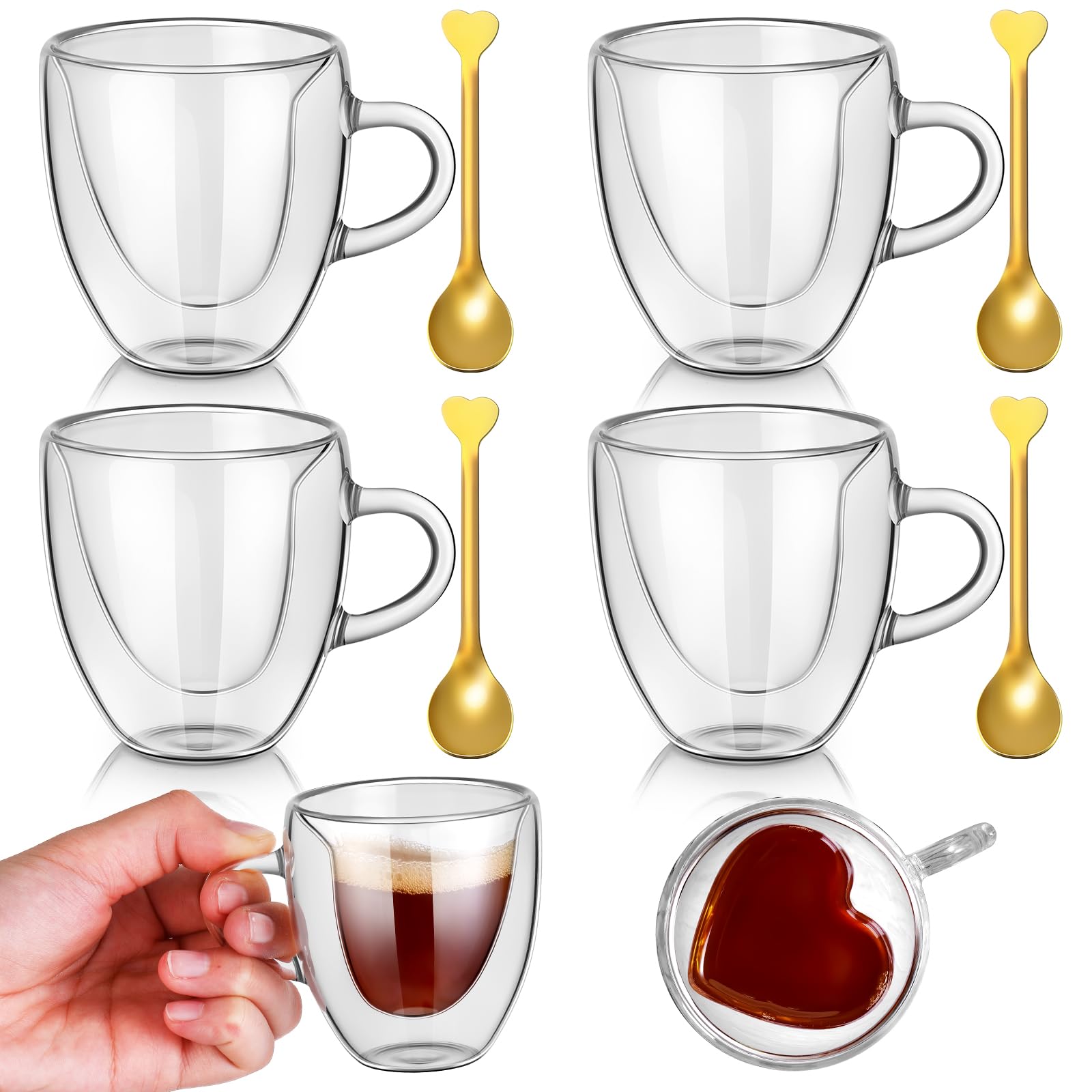 Nuogo 4 Pack Heart Shaped Double Walled Glass Coffee Cups and 4 Pack Teaspoons Set Clear Mugs 2 ...