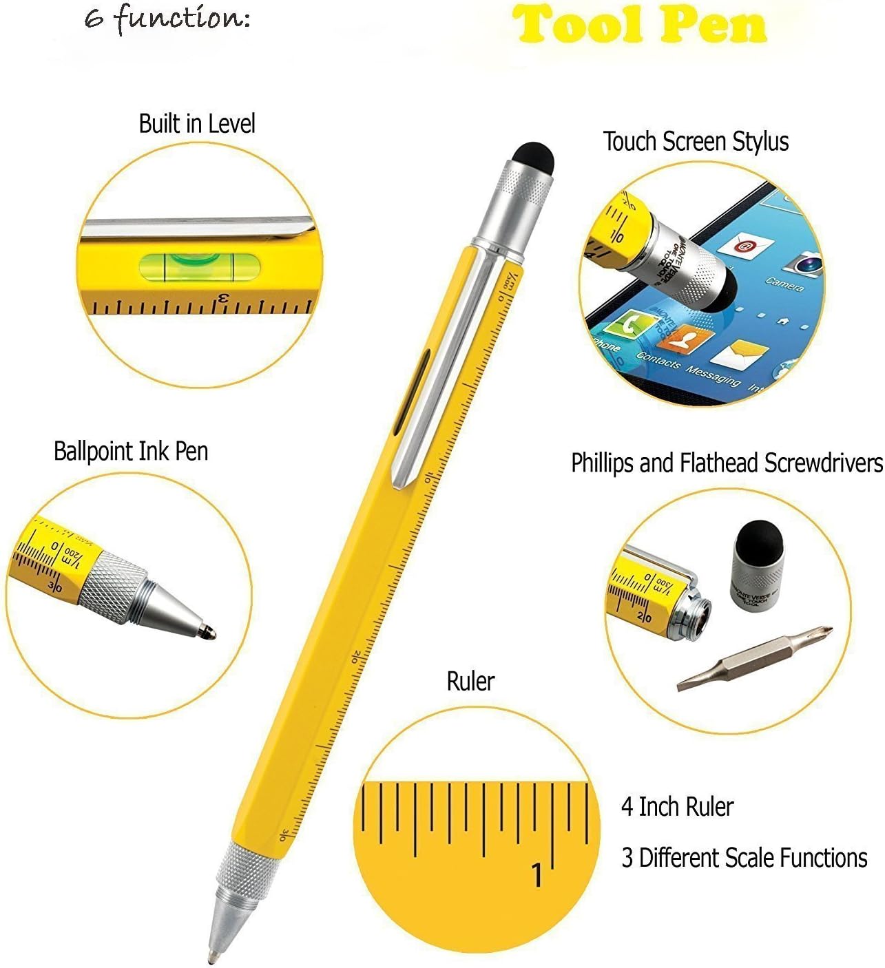 Shulaner 6 in 1 Tech Tool Ballpoint Pen with Ruler, Spirit Level ...