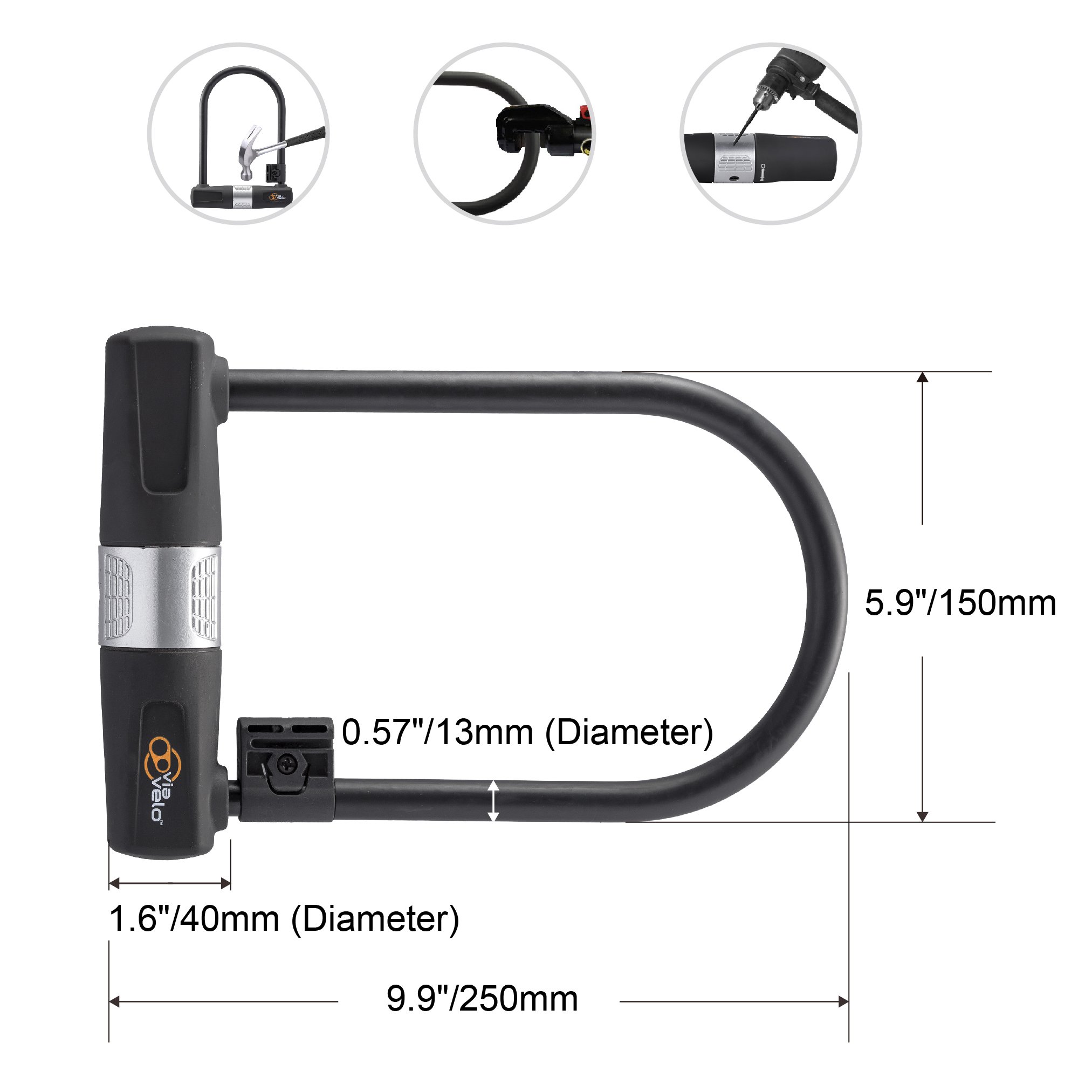 Bike U Lock with Cable - Via Velo Heavy Duty Bicycle U-Lock,14mm ...