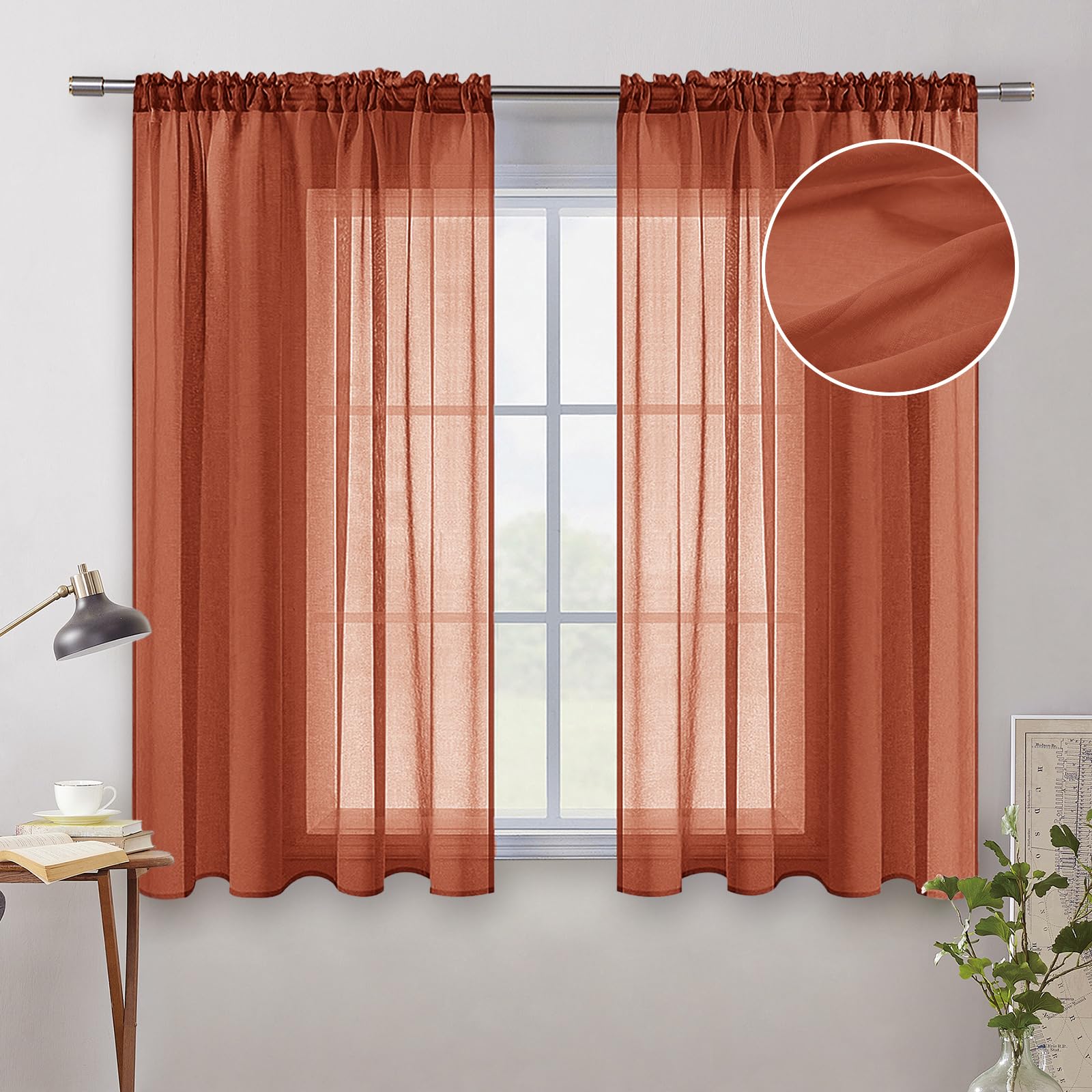 MIULEE Terracotta Linen Textured Sheer Curtains 2 Panels for Kitchen ...