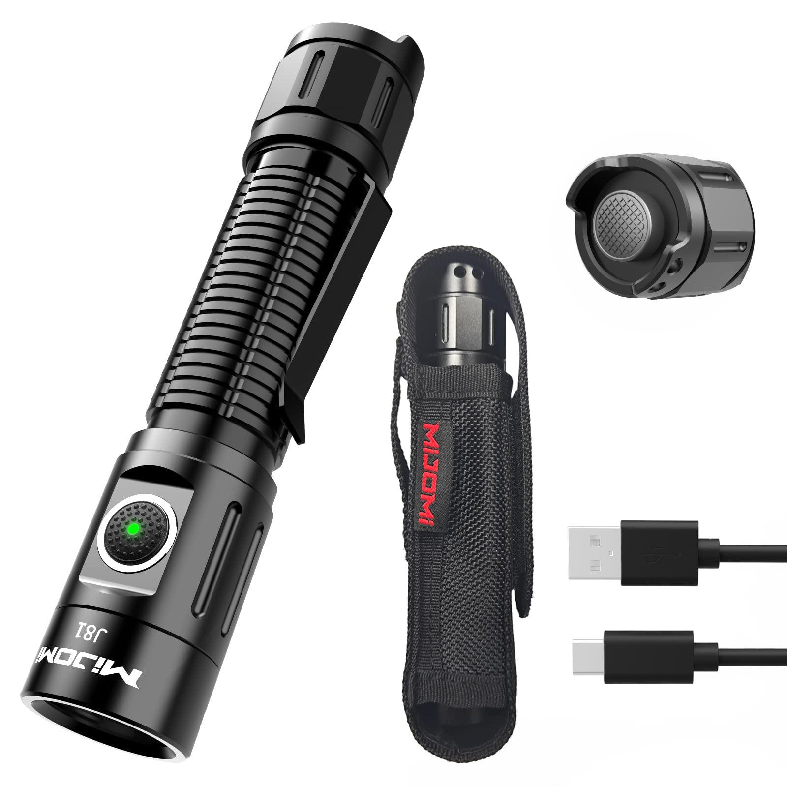 MIJOMI J81 Tactical Flashlight with Holster Rechargeable, 1300 Lumen ...