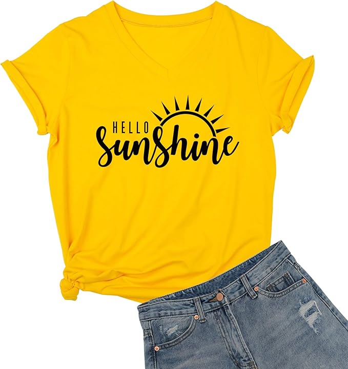 DANVOUY Womens Hello Sunshine Shirt Summer Short Sleeve V-Neck Graphic ...