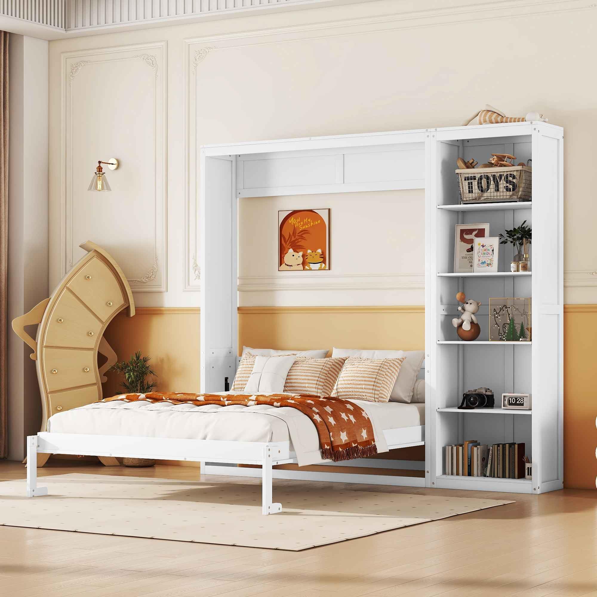 ATY Full Size Murphy Bed with 5 Shelves, Space Saving Hidden Wallbed w ...