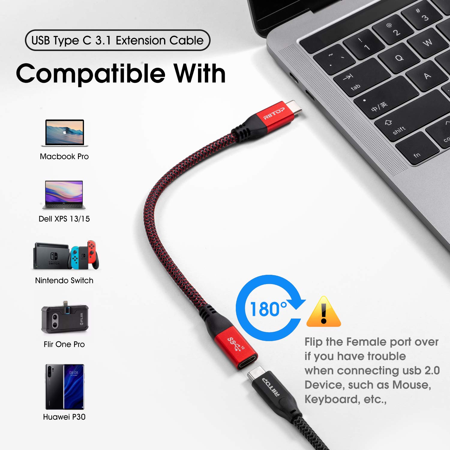 RIITOP USB C Extension Cable Short, USB-C Male To Female Extender Braided Cord For Nintendo ...