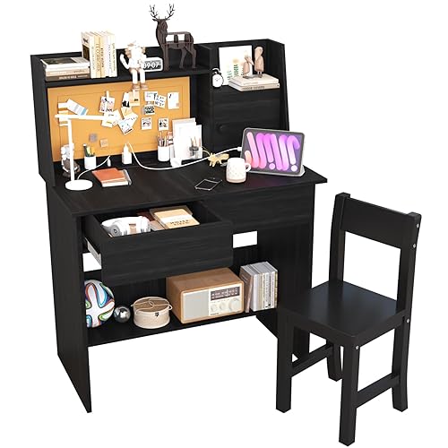 Black Kids Desk and Chair Set for 5-12 Year Old, Childrens Computer ...