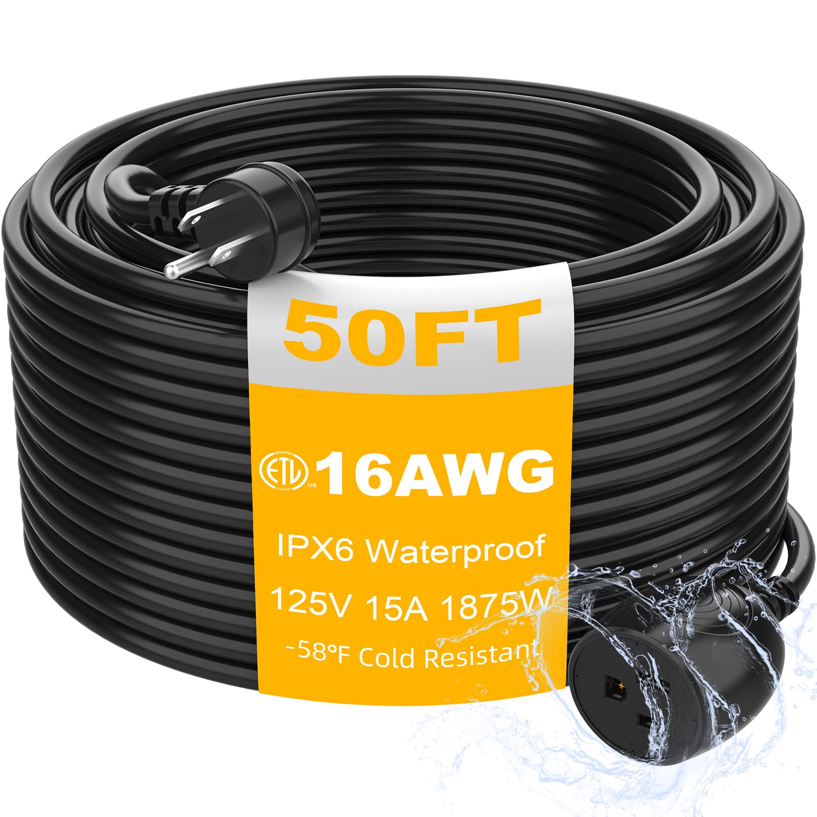 Blackcow Outdoor Power Extension Cord,50 Ft,IPX6 Waterproof, Cold ...