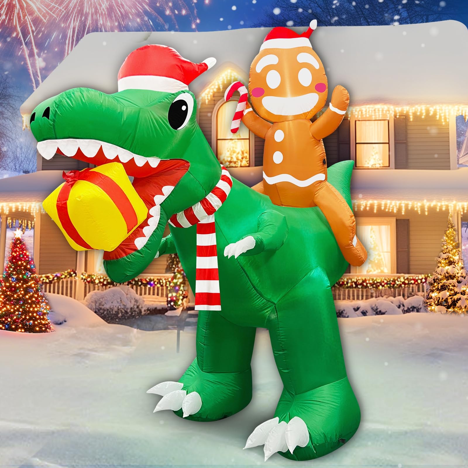 8 Ft Christmas Inflatable Gingerbread Man Ride on Dinosaur with Gift ...