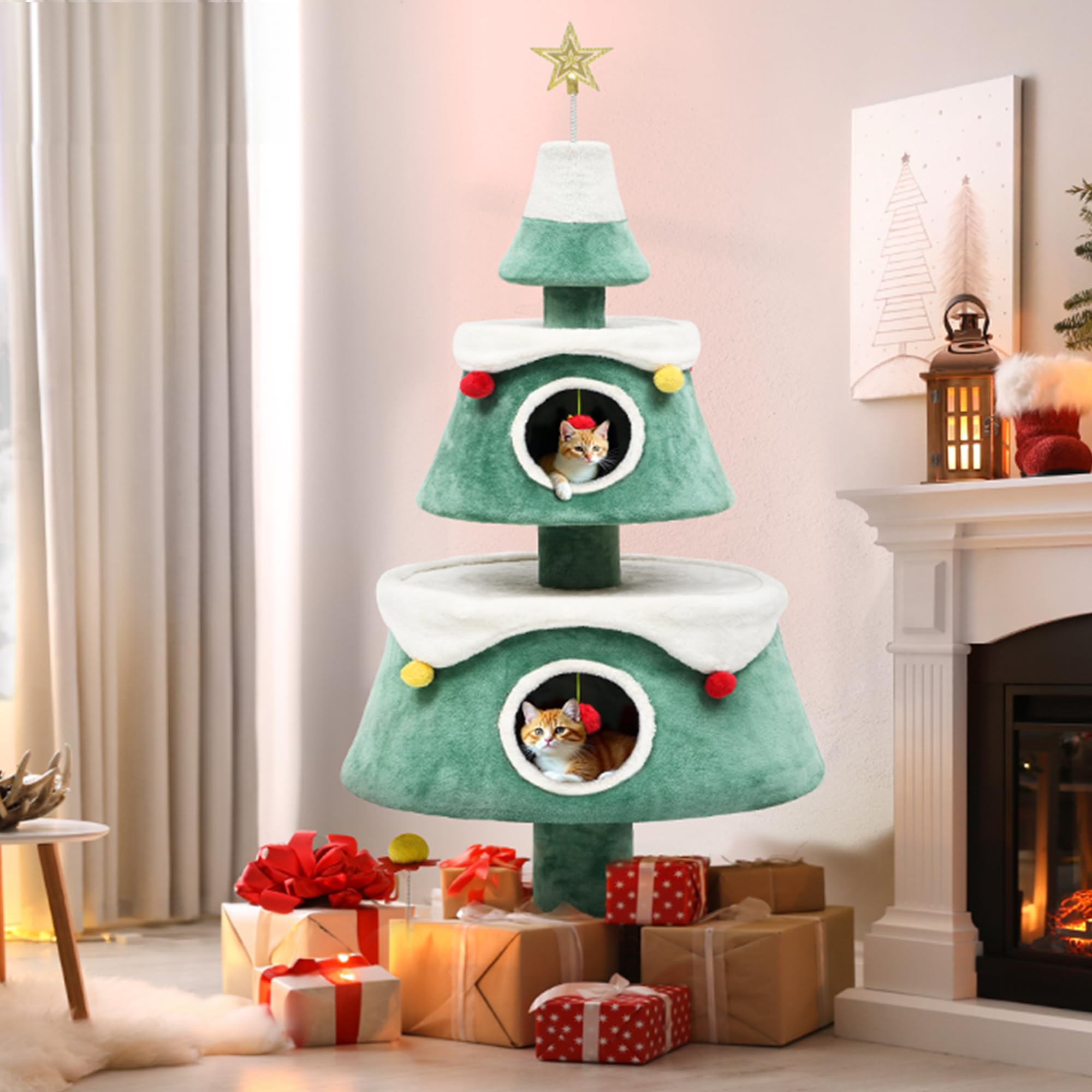 DWVO 63" Christmas Cat Tree with 2-Storey Cat House, Cat Tower for ...
