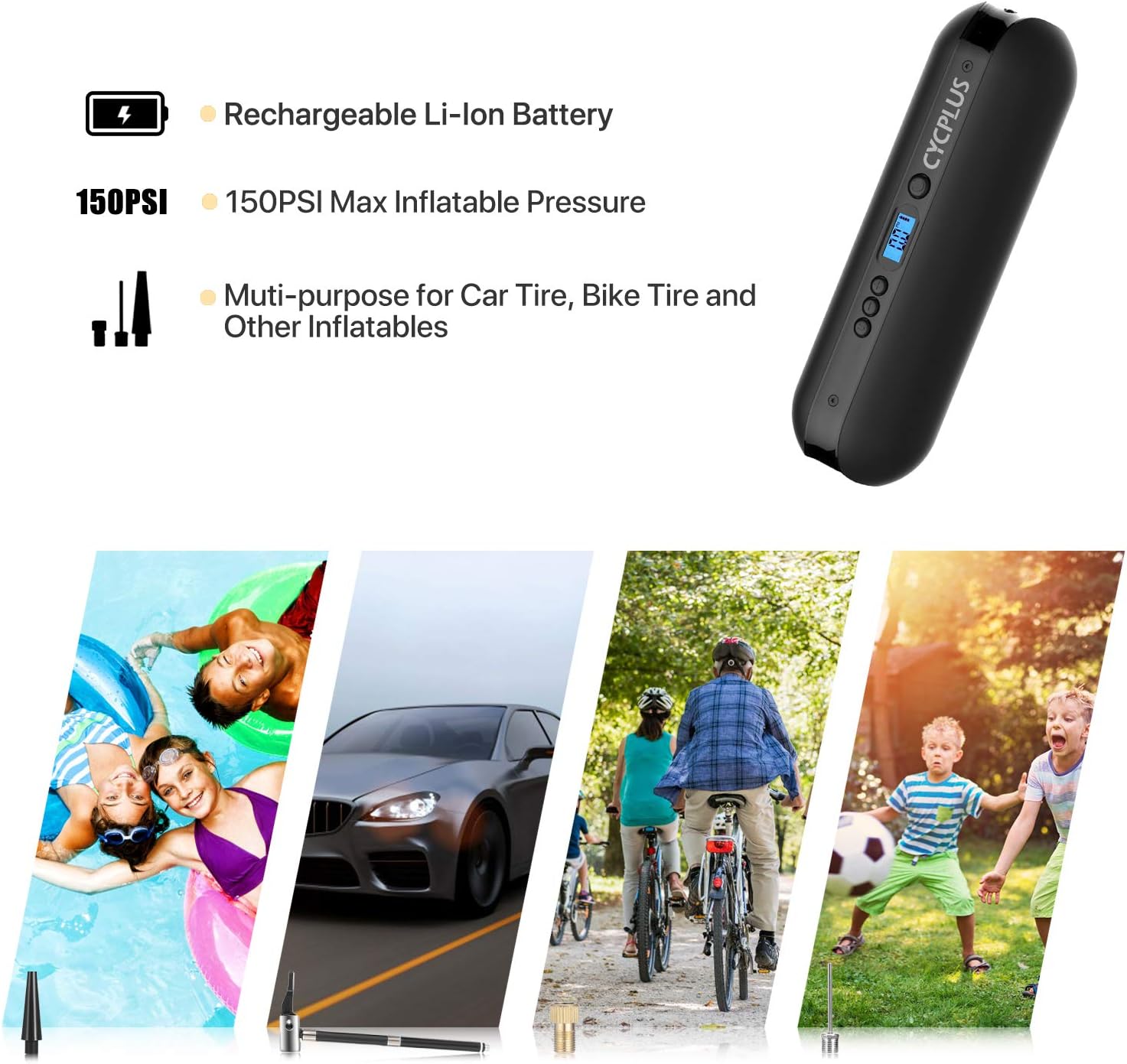 CYCPLUS Mini Air Compressor, Rechargeable Tyre Pump, Motorcycle Tyre ...