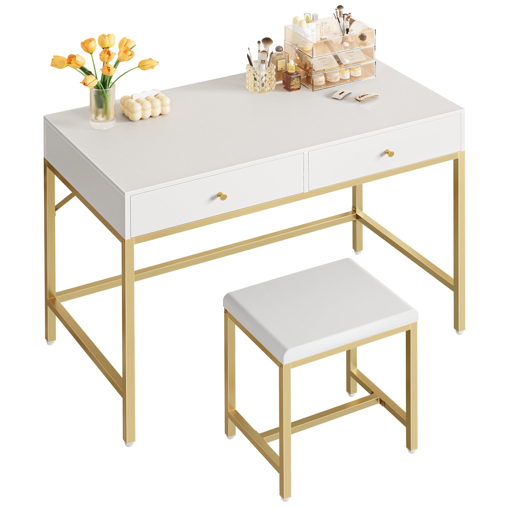 SUPERJARE 35.4" White and Gold Desk with 2 Drawers, Modern Makeup ...