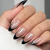Amazon.com: YOSOMK French Tip Press on Nails Almond Medium Fake Nails with Chrome Designs Glossy ...