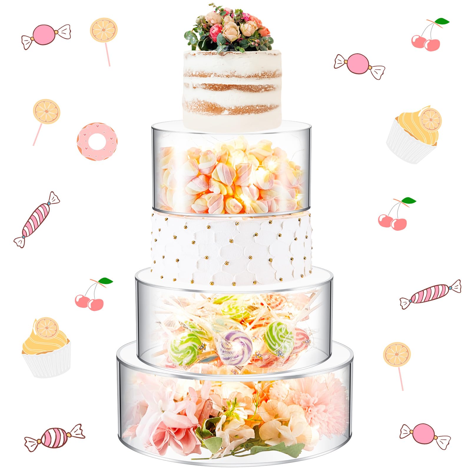 Sintuff 3 Pcs Acrylic Cake Stand with LED Lights Clear Fillable Cake ...