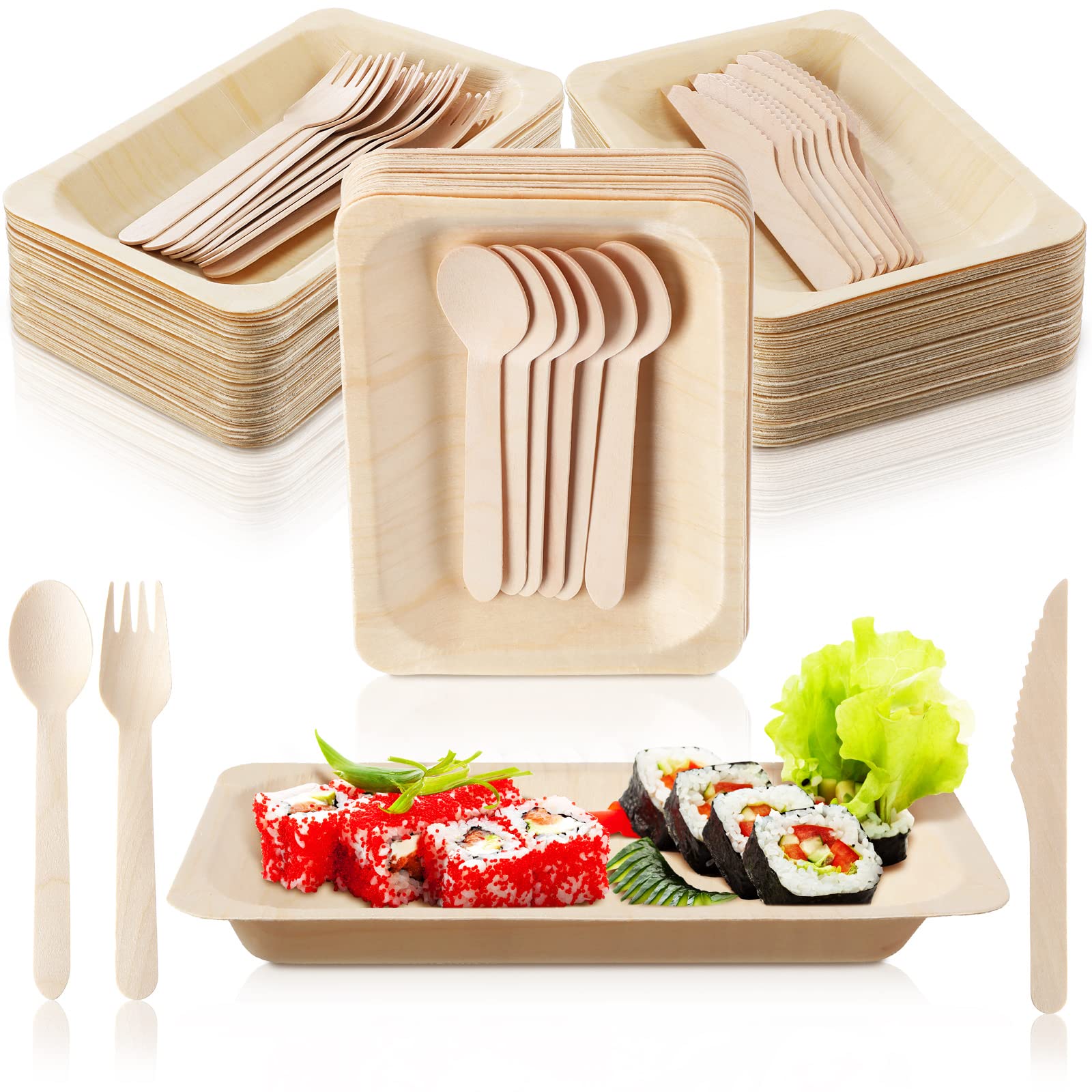 Hoolerry 50 Sets Disposable Bamboo Plates Set 8 x 5.5 Inch Palm Leaf ...