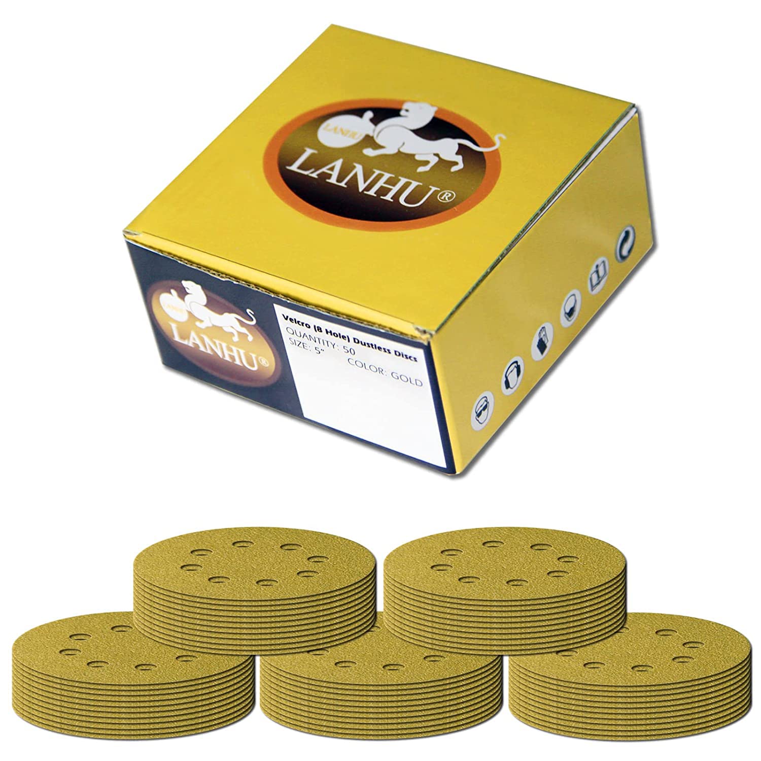 LANHU, Premium 5 Inch Gold Sanding Discs 800 Grit (Box of 50) - 8 Hole ...