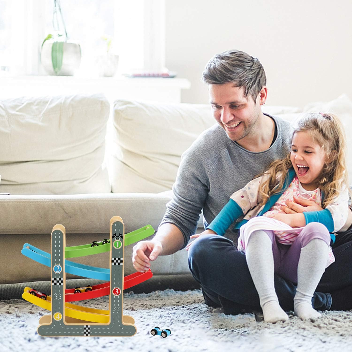 Jacootoys Wooden Car Ramp Toy with 4 Mini Cars Zigzag Click Clack ...