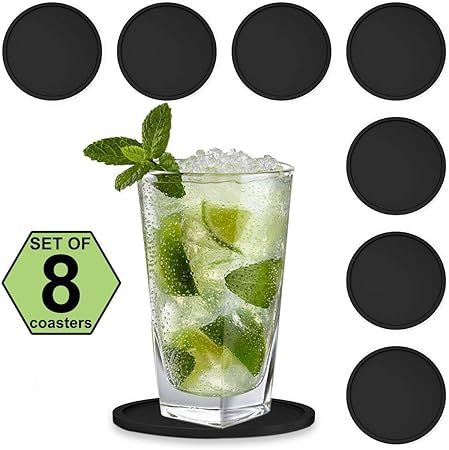 Premium Black Rubber, Silicone Drink Coasters (Set of 8 Pieces ...