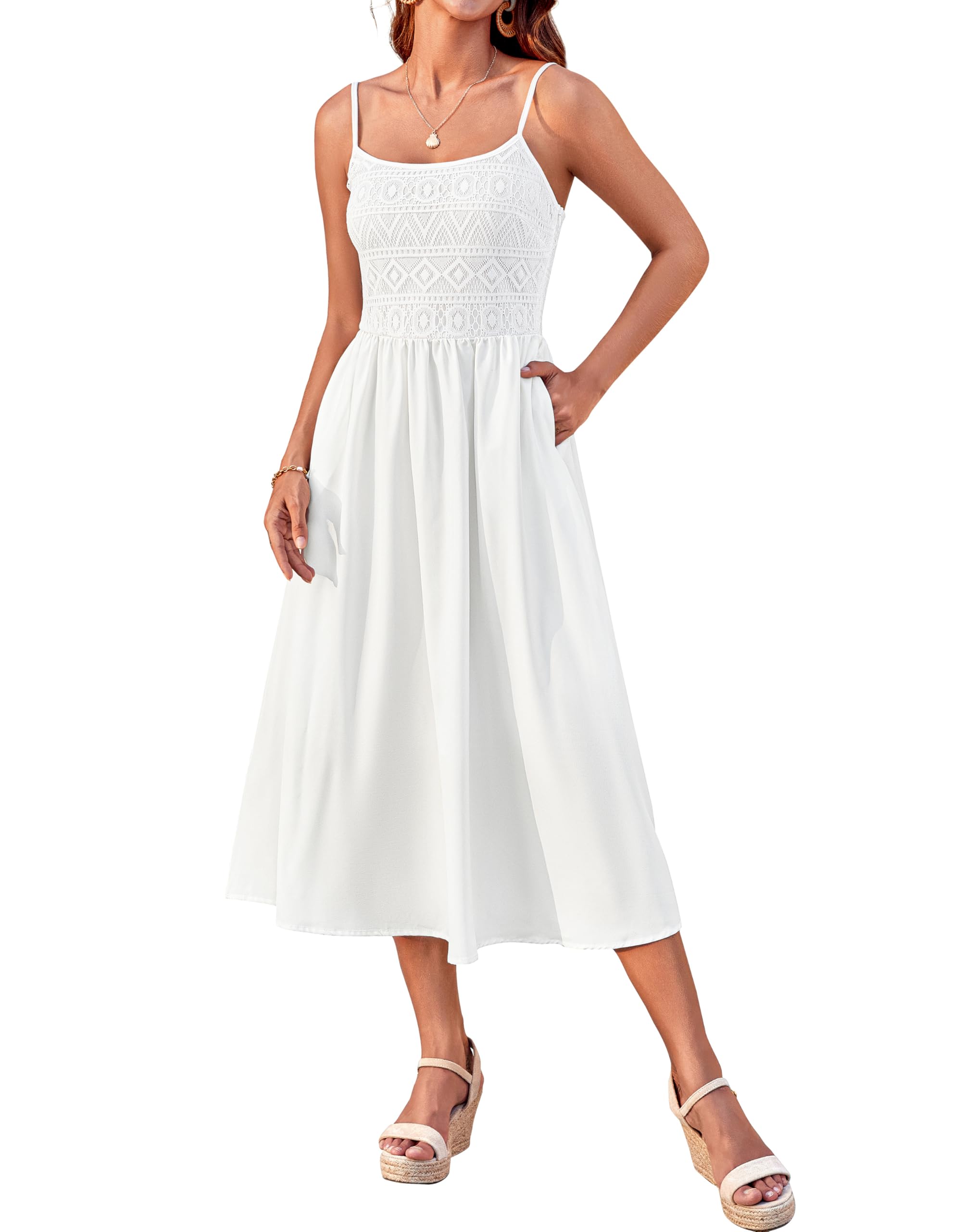 White Casual Summer Midi Sundresses for Women 2025 Scoop Neck ...