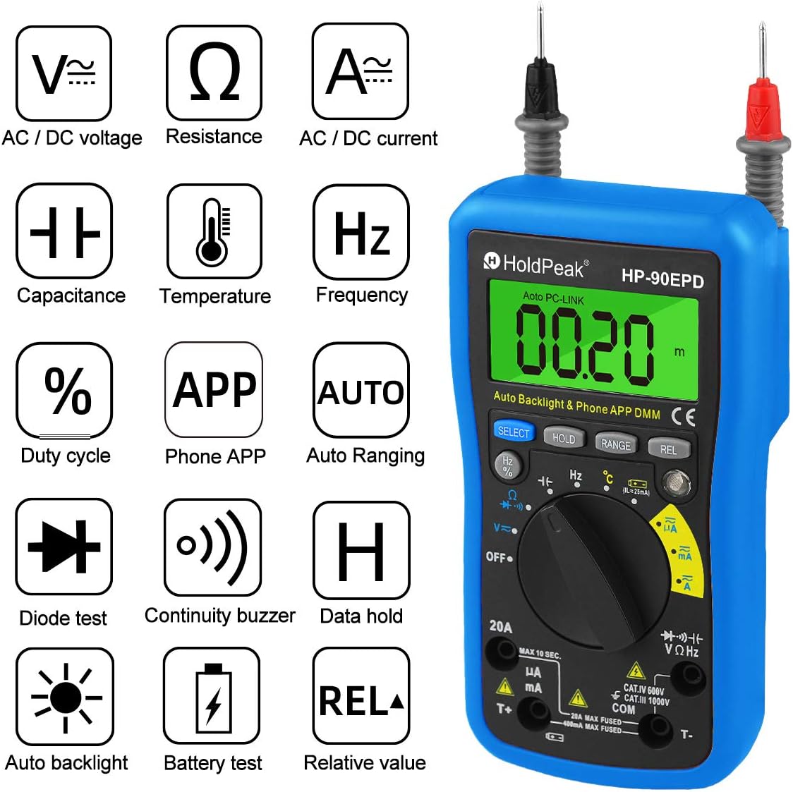 Holdpeak HP-90EPD Digital Multimeter Bluetooth APP Multimeter Multi ...