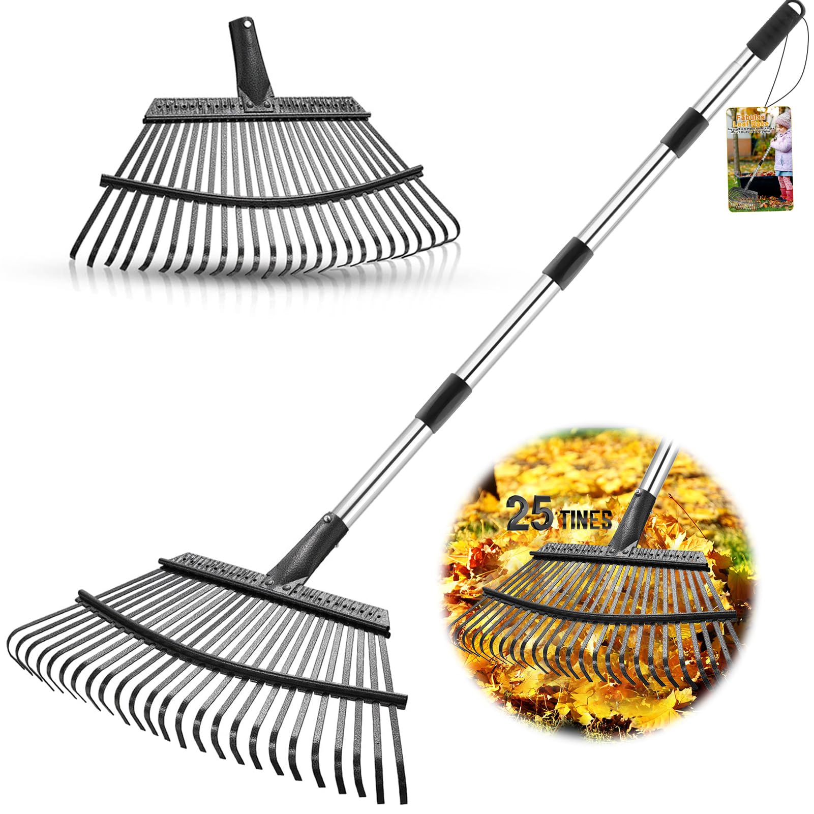 Fabulas Rake for Leaves, 65 Inch Adjustable Long Handle Garden Leaf ...