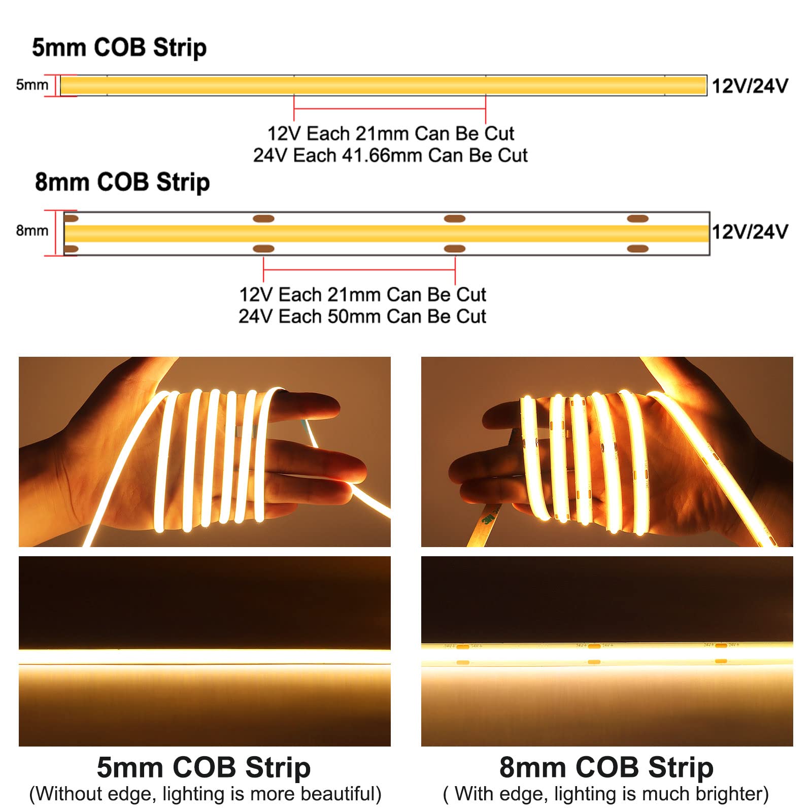 MALIIGAZA 12V Warm White LED Strip Lights, 5mm Flexible COB LED Tape ...