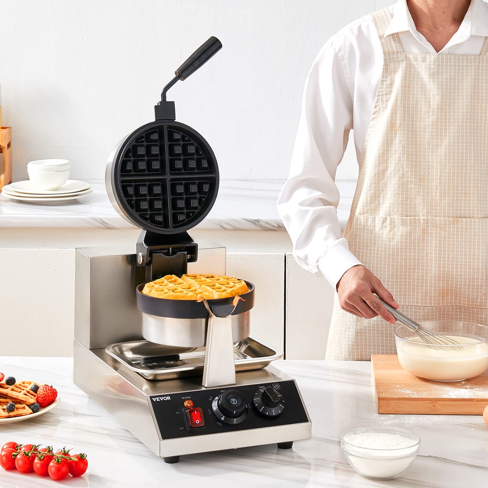 VEVOR Commercial Waffle Maker, 1300W Round Waffle Iron, Non-Stick Rotatable Waffle Baker Machine ...