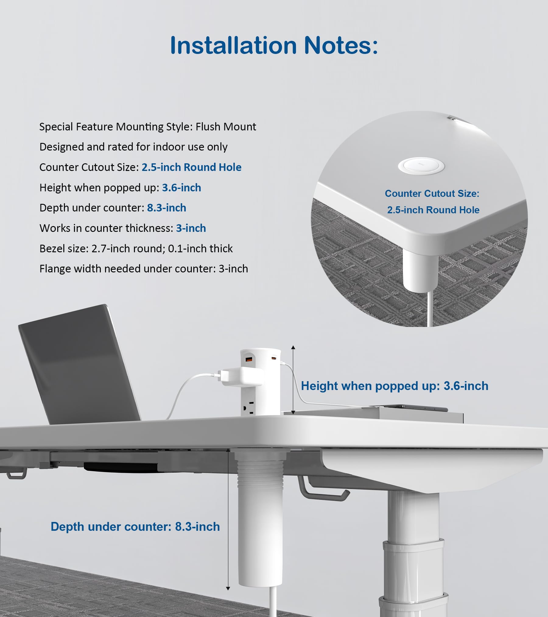 Pop Up Outlet For Countertop,2.5 Inch Hole Desktop Power Grommet,4 ...
