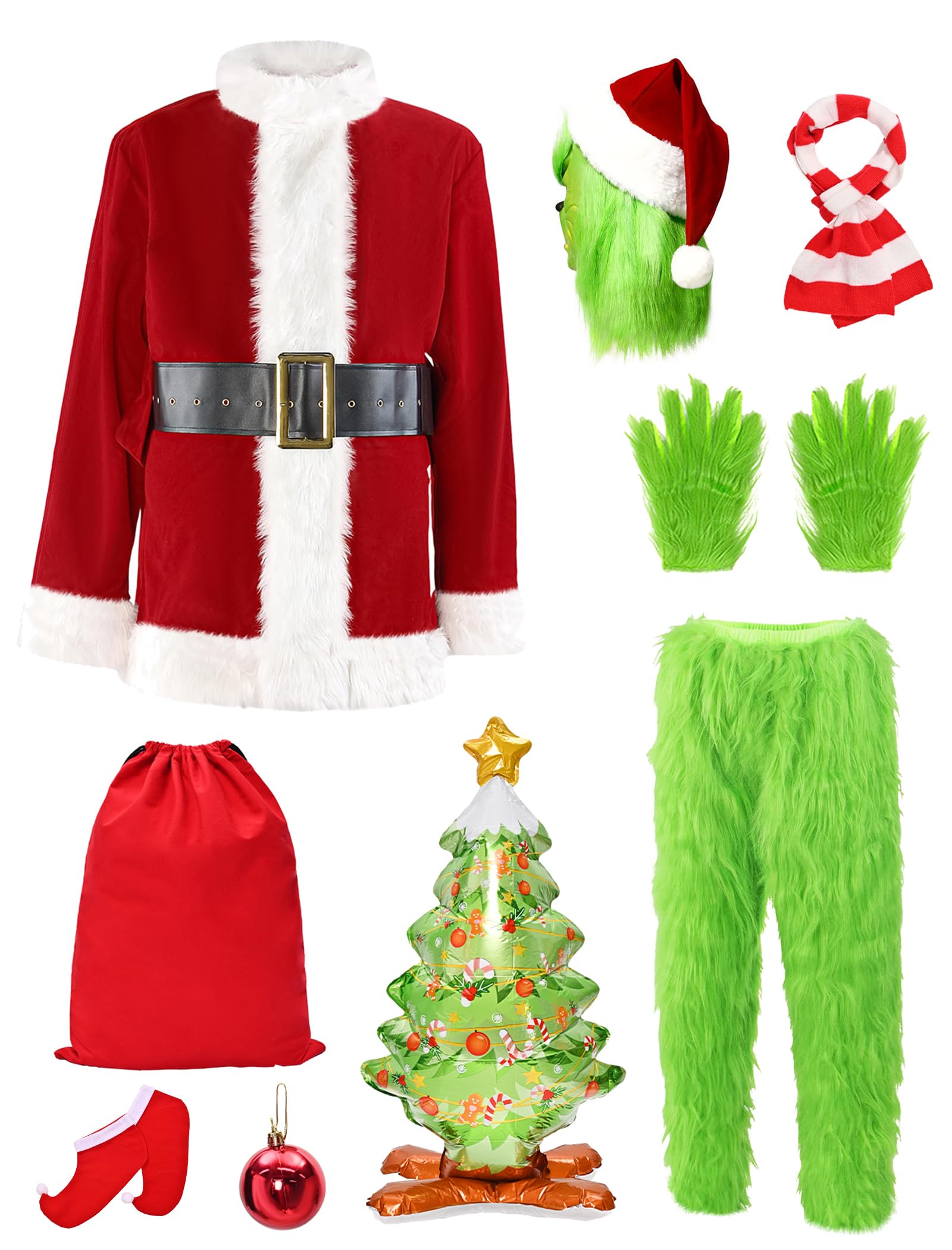 Green Monster Costumes Adult, 11PCS Christmas Furry Santa Suit for Men ...