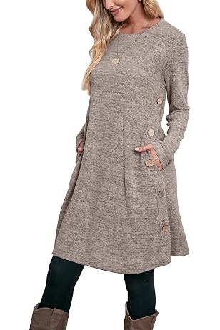 Women's Long Sleeve Dresses Tunic Dress with Pockets Buttons Side