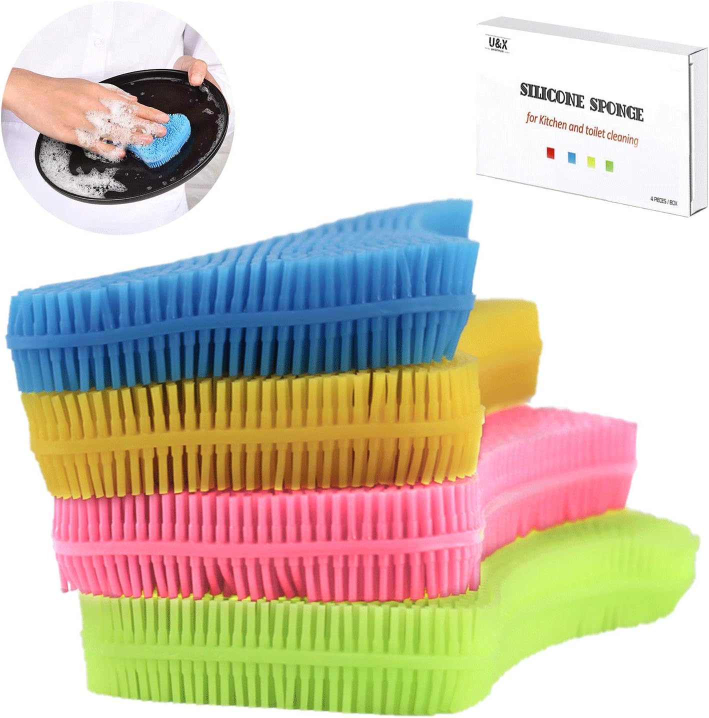 4 Colors Silicone Sponge Dishwashing Washing Up Sponges for Kitchen and ...