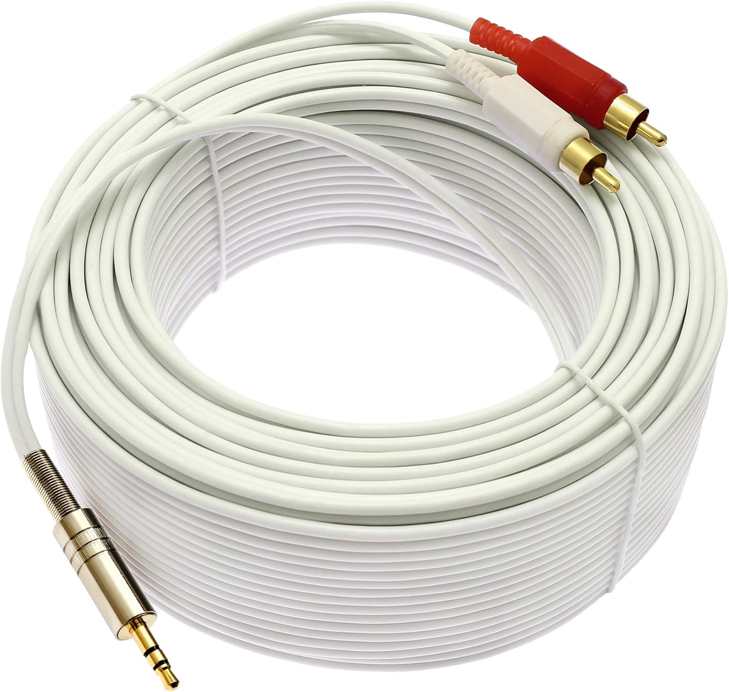 1STec 50m Long White Stereo 3.5mm Mini Jack Plug to 2 Male RCA Phono ...