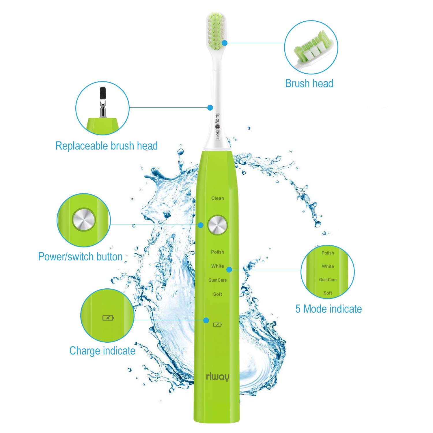 Electric Toothbrush, rlway Sonic Rechargeable Toothbrushes with 3 Replaceable Heads for Adults ...