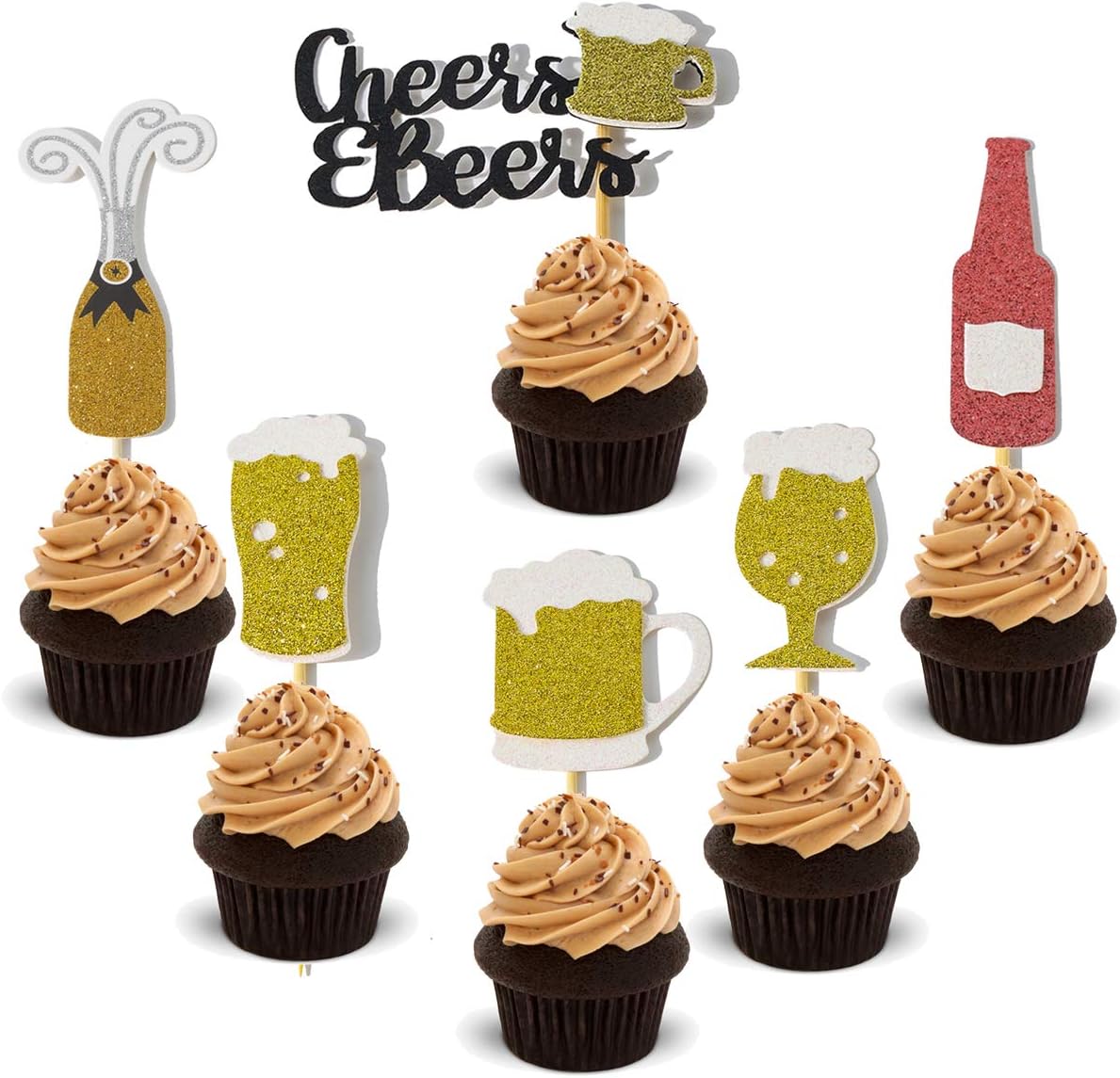 Amazon.com: 24PCS Beer Mug Cupcake Toppers,Gold Glitter Cheers and ...