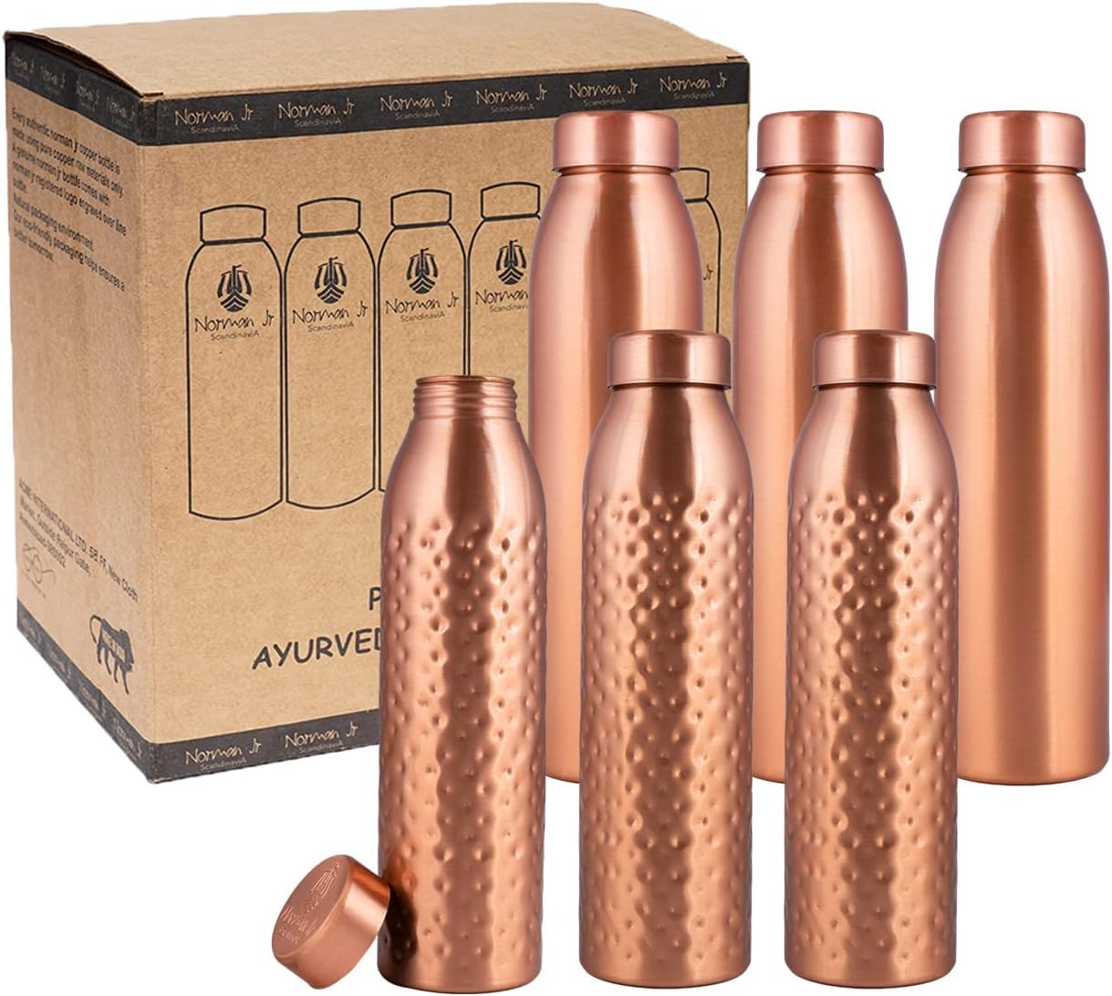 NORMAN JR, Copper Water Bottle 1L - Gift Box of 6, Plain 3, Hammered 3 ...