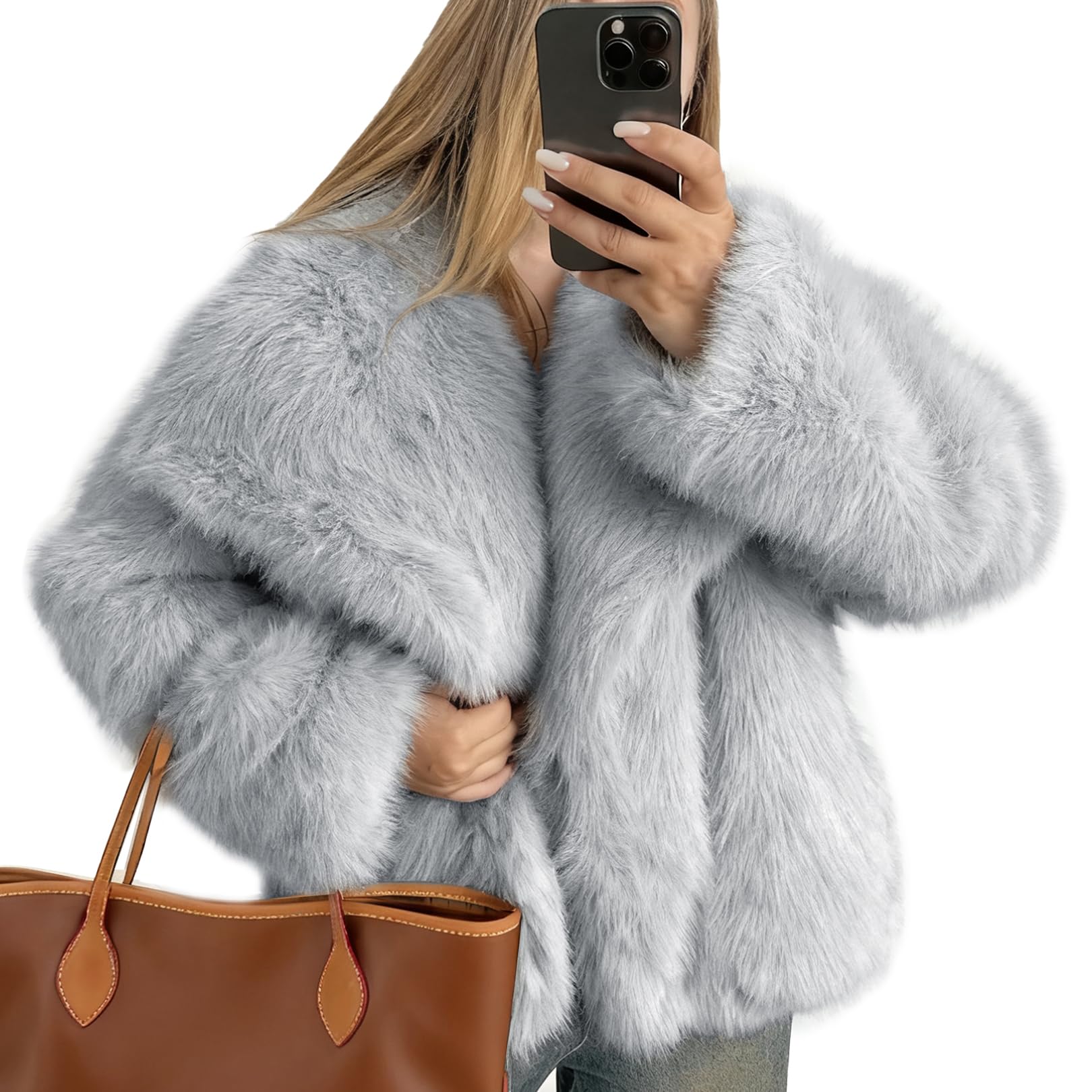 Flygo Women's Faux Fur Coat Fluffy Faux Fur Jacket Long Sleeve Lapel ...