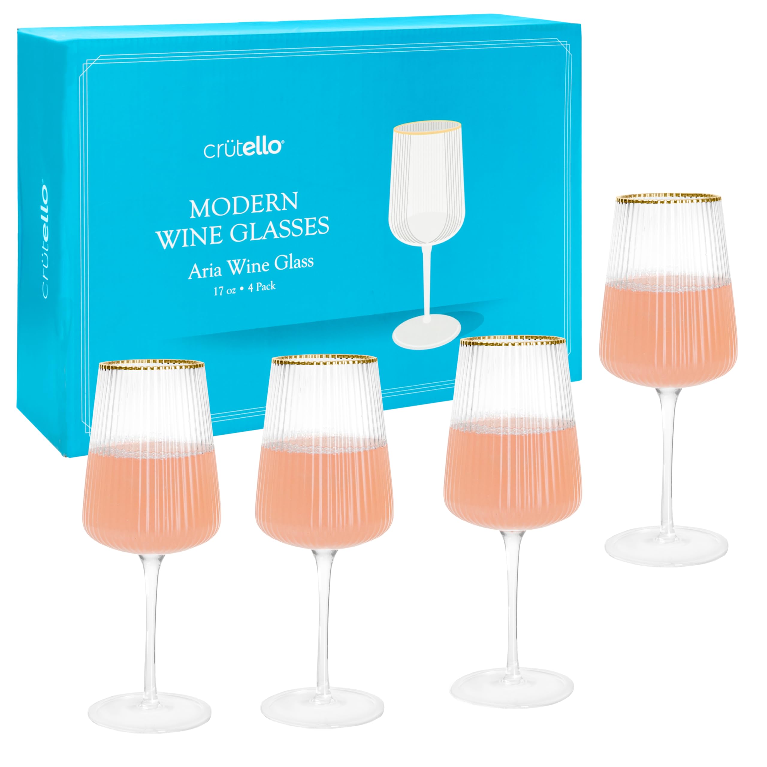 Crutello Modern Wine Glasses - 17 oz Unique Fluted Glassware with ...