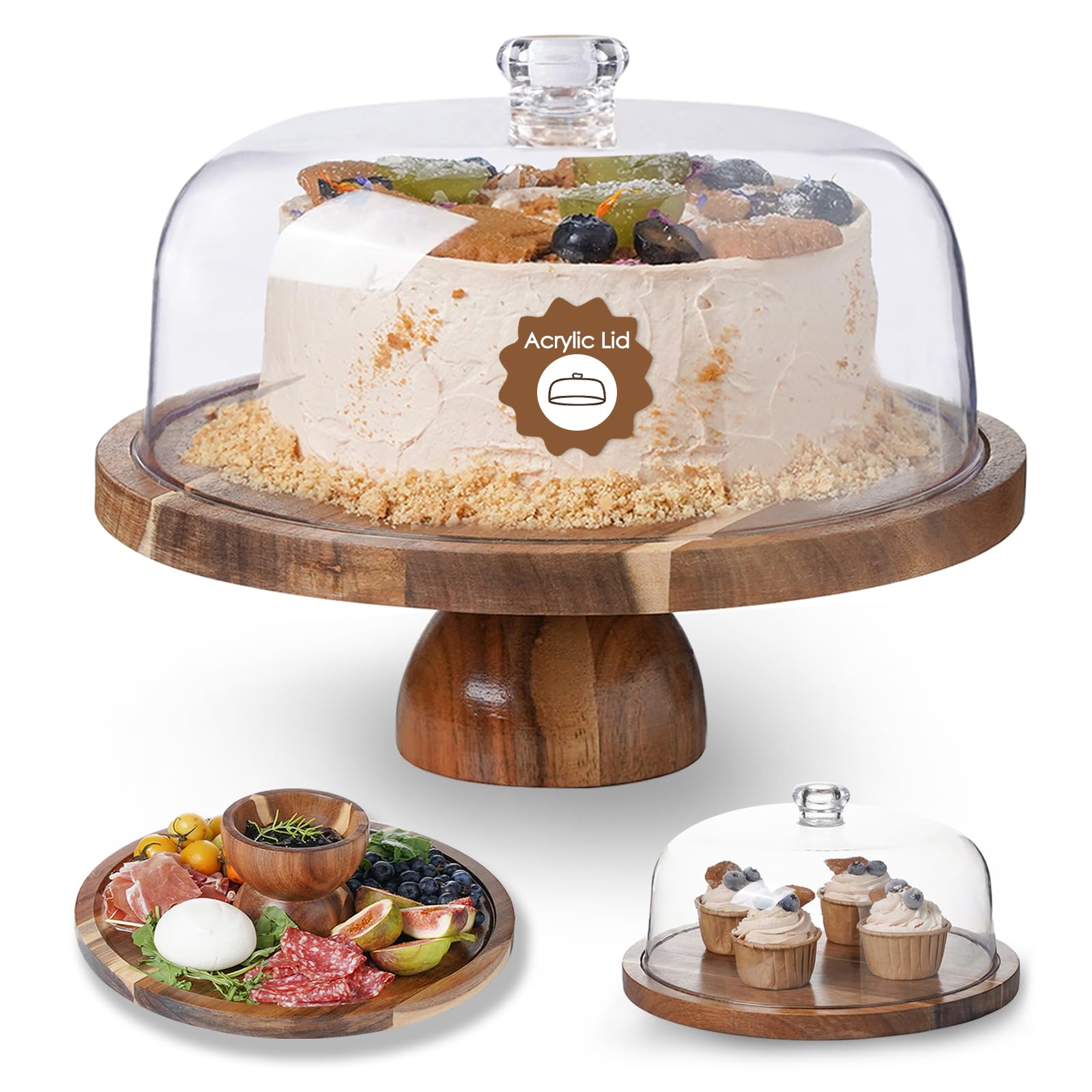 Kanwone Acacia Wood Cake Stand with Acrylic Lid - 12in Cake Plate ...
