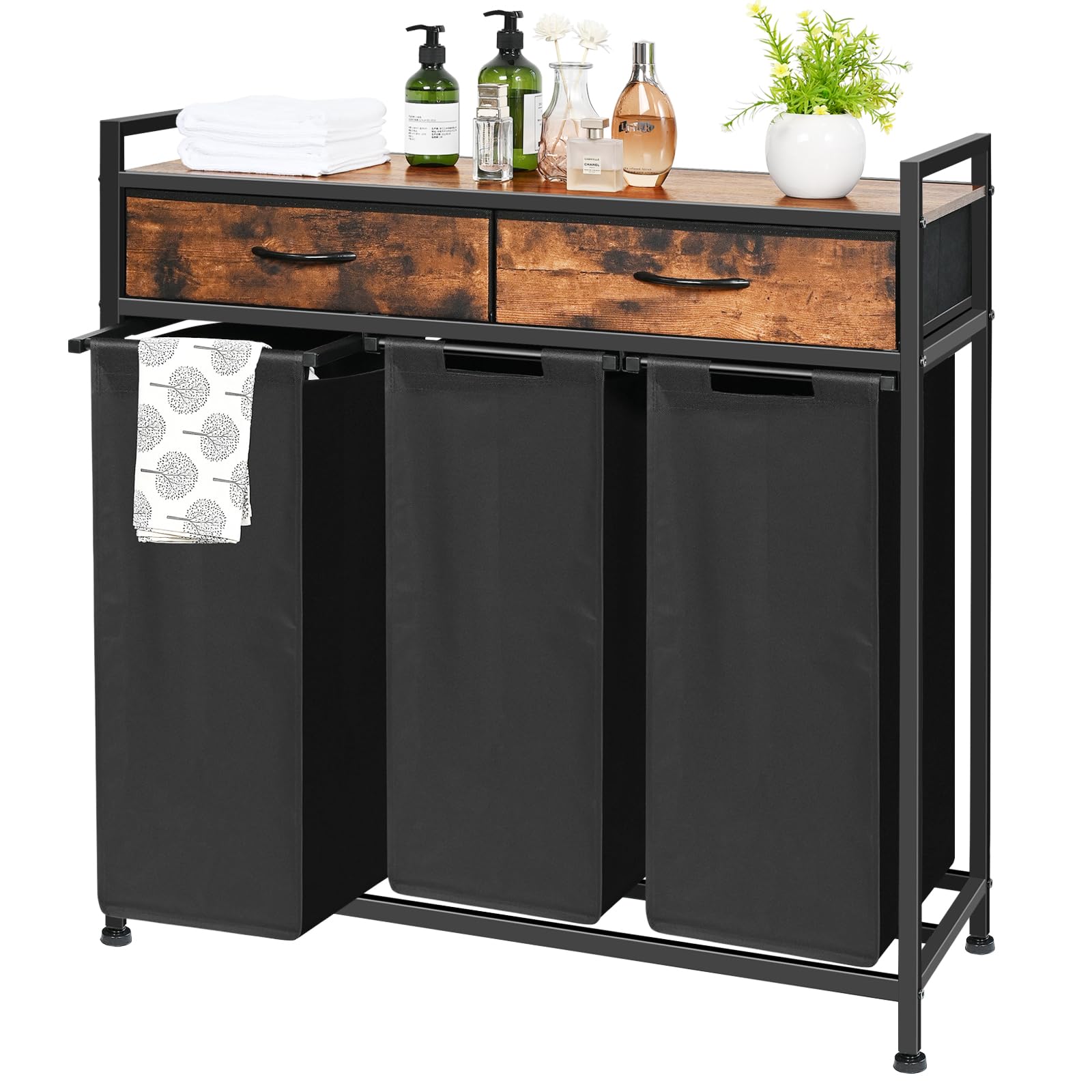 Laundry Sorter 3 Section, Laundry Hamper with Shelf and 2 Drawers, 180L ...