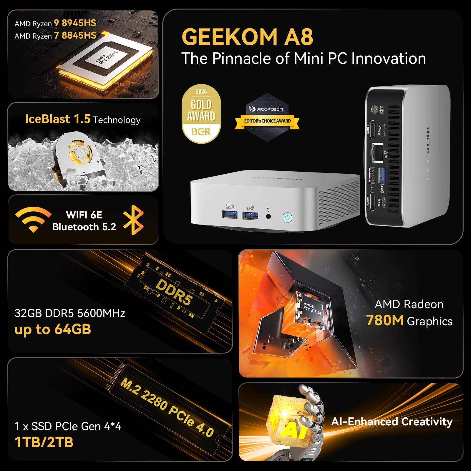 Geekom a8 ai mini pc, amd ryzen 9 8945HS (hasta 5.2Ghz) mini ...
