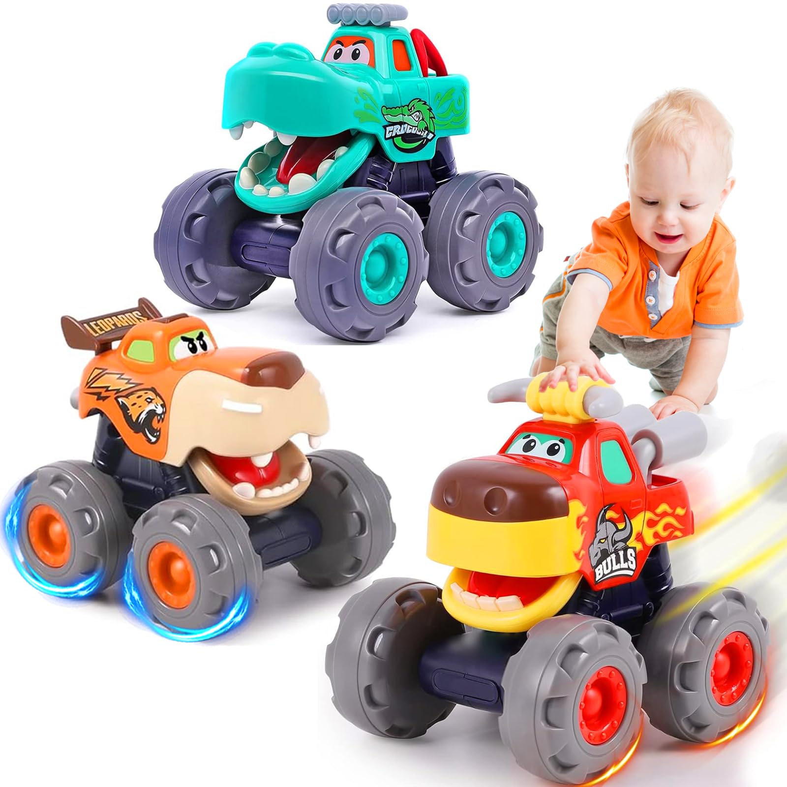 MOONTOY Toy Cars for 1 2 3 Year Old Boys, 3 Pack Friction Powered Cars ...