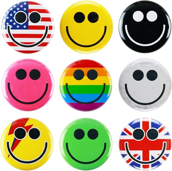 Set of 9 Mixed Smiley Face Button Badges - 25mm/1inch/2.5cm - Made in ...